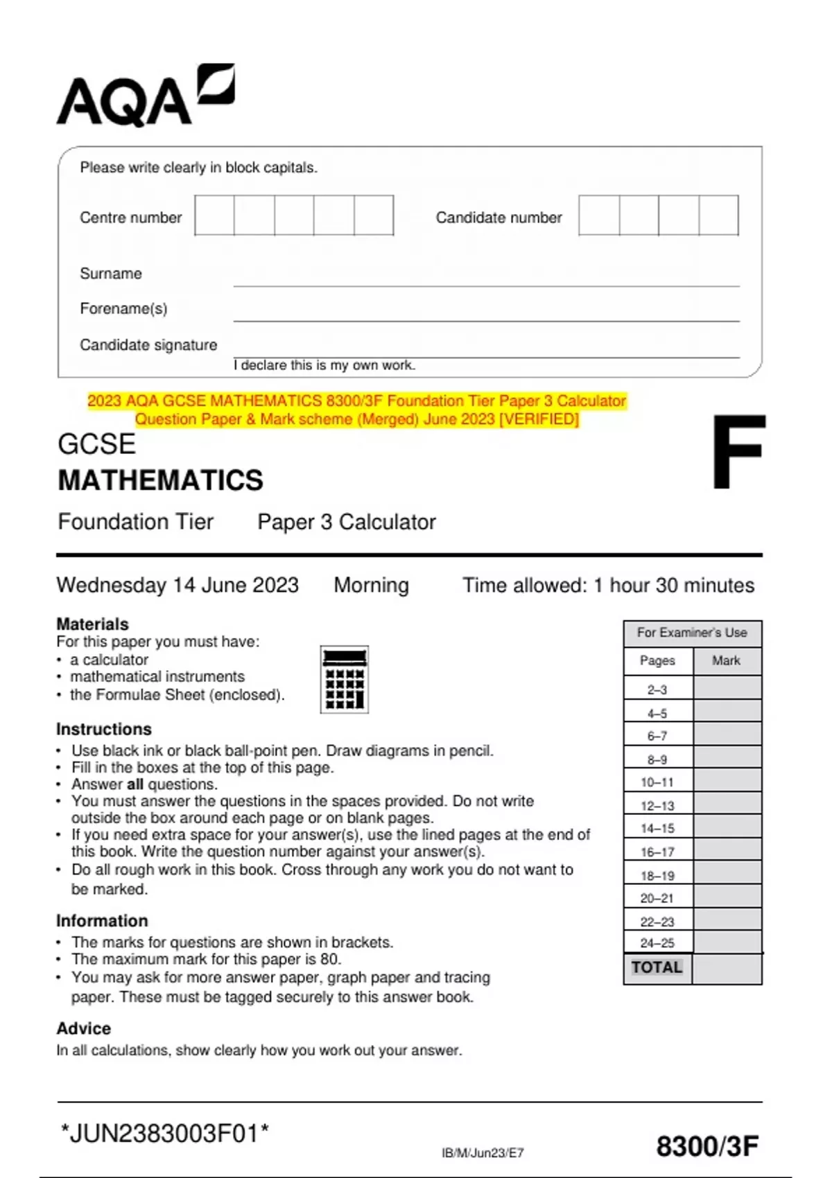 2023 AQA GCSE MATHEMATICS 8300/3F Foundation Tier Paper 3 Calculator ...