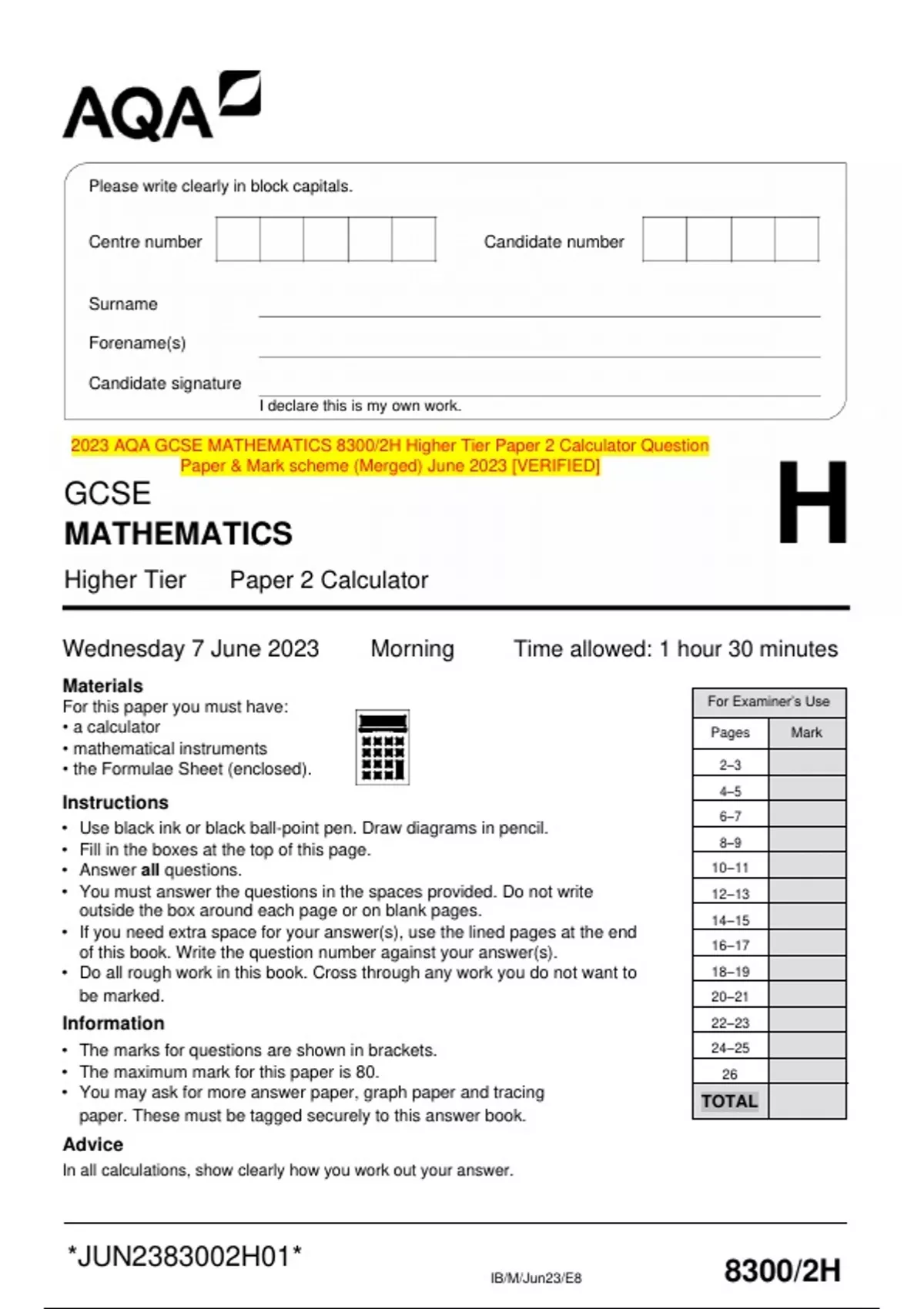 2023 AQA GCSE MATHEMATICS 8300/2H Higher Tier Paper 2 Calculator Question Paper & Mark scheme ...