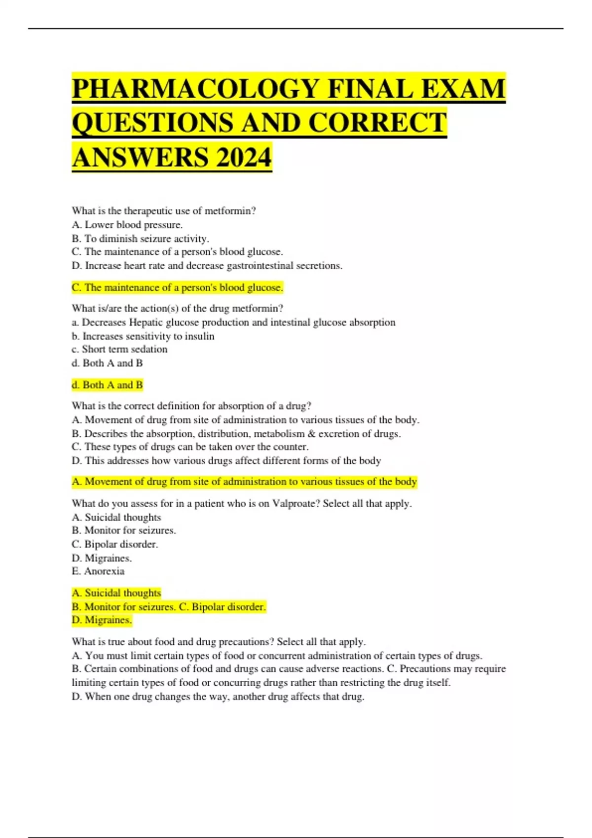 PHARMACOLOGY FINAL EXAM QUESTIONS AND CORRECT ANSWERS 2024 ...