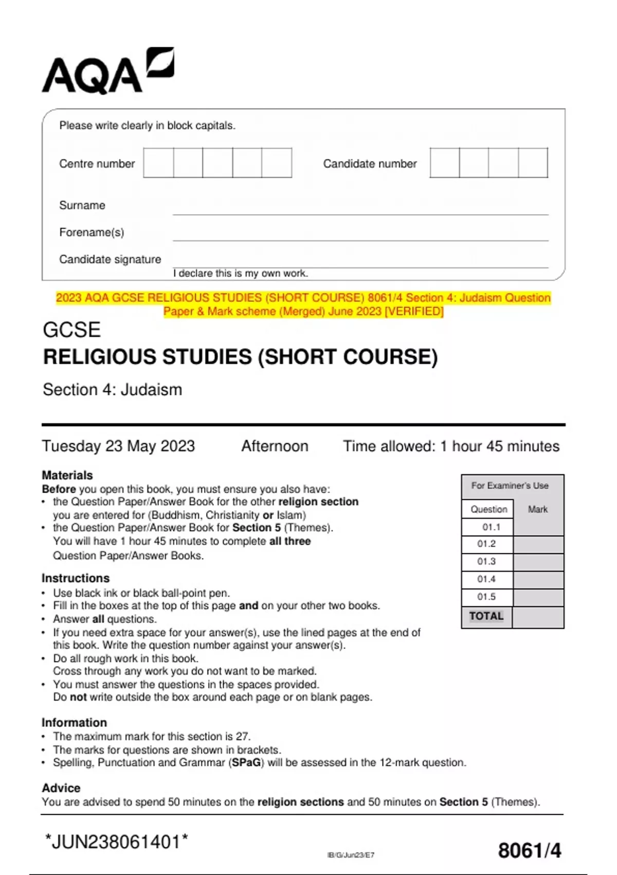 2023 AQA GCSE RELIGIOUS STUDIES (SHORT COURSE) 8061/4 Section 4 ...