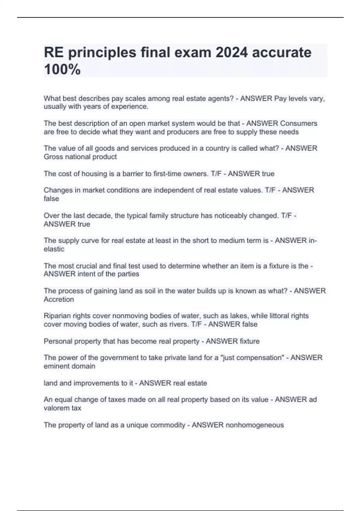RE principles final exam 2024 accurate 100% - RE principles - Stuvia US