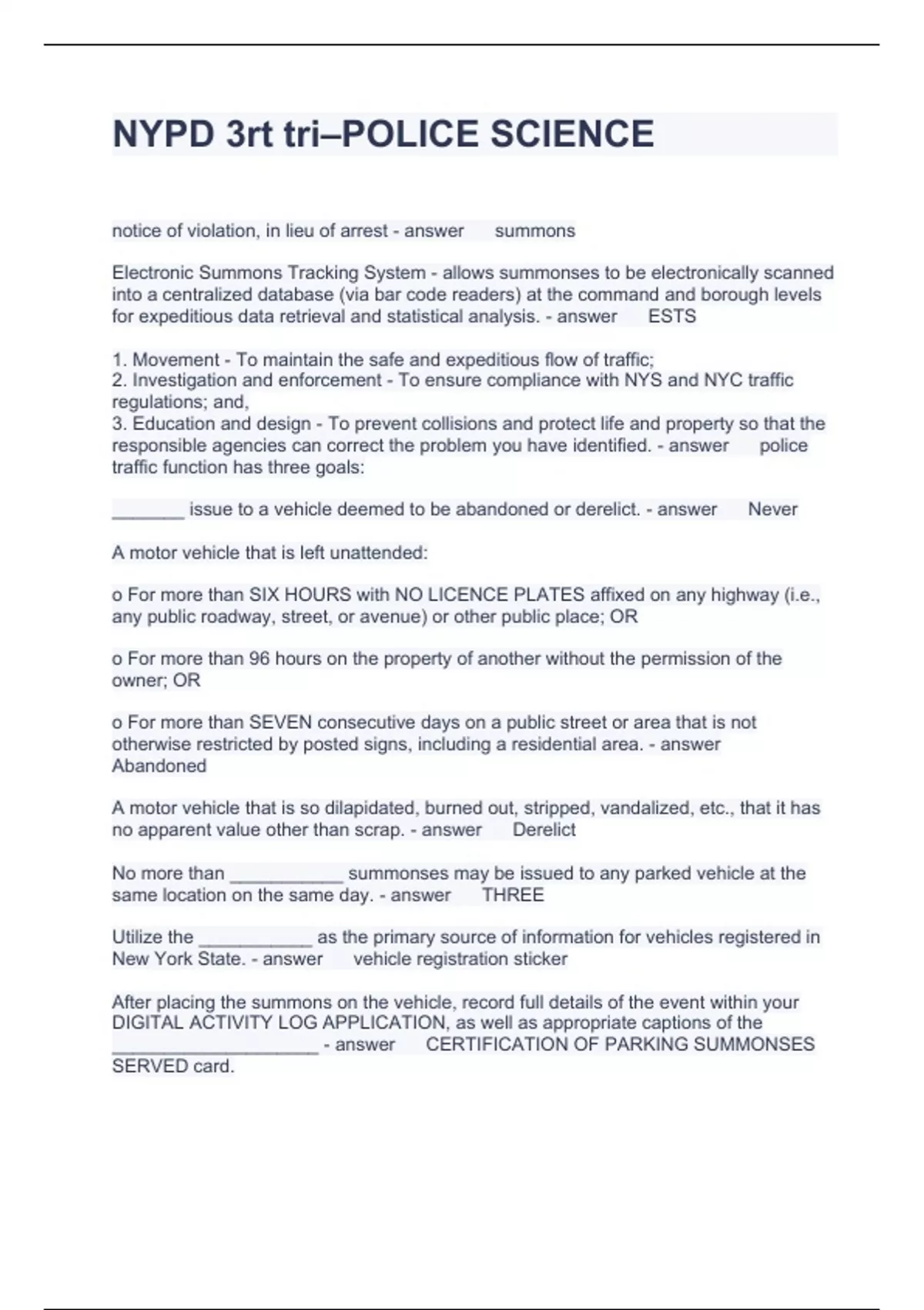 NYPD 3rt tri–POLICE SCIENCE QUESTIONS WITH CORRECT ANSWERS - NYPD ...