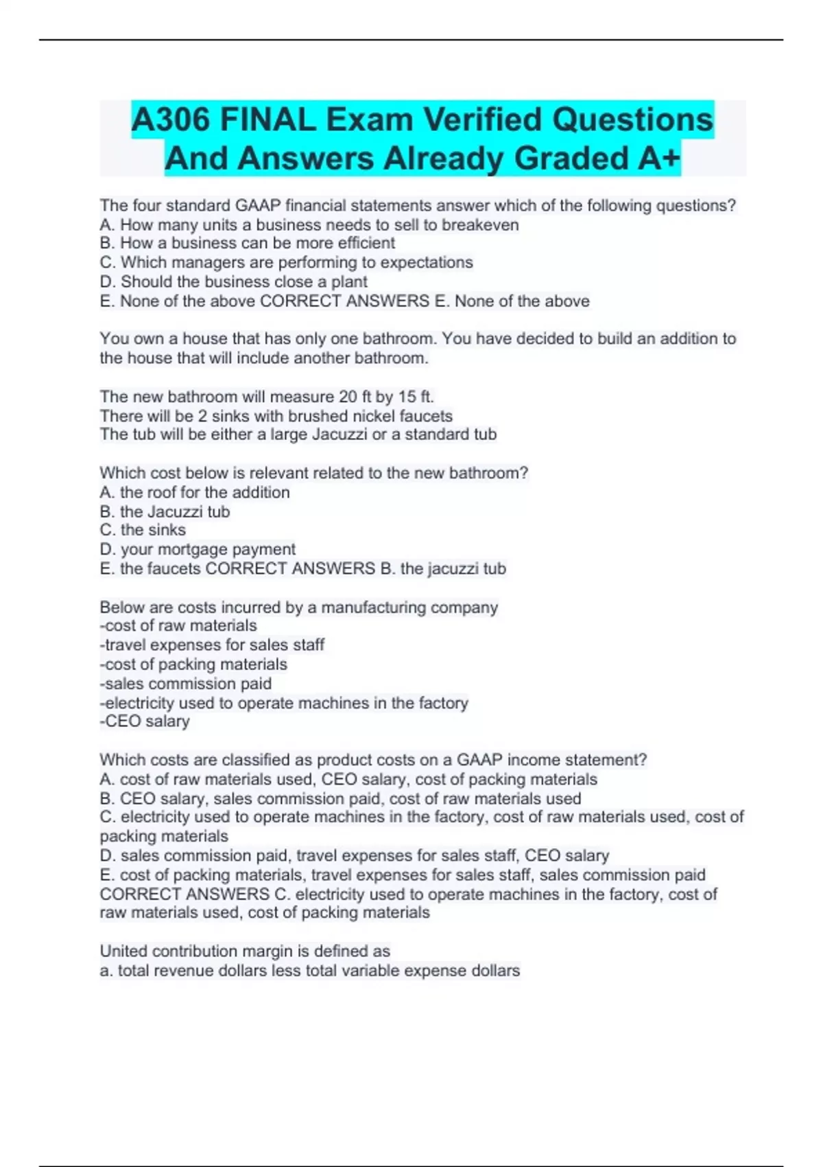 A306 FINAL Exam Verified Questions And Answers Already Graded A+ - A306 - Stuvia US