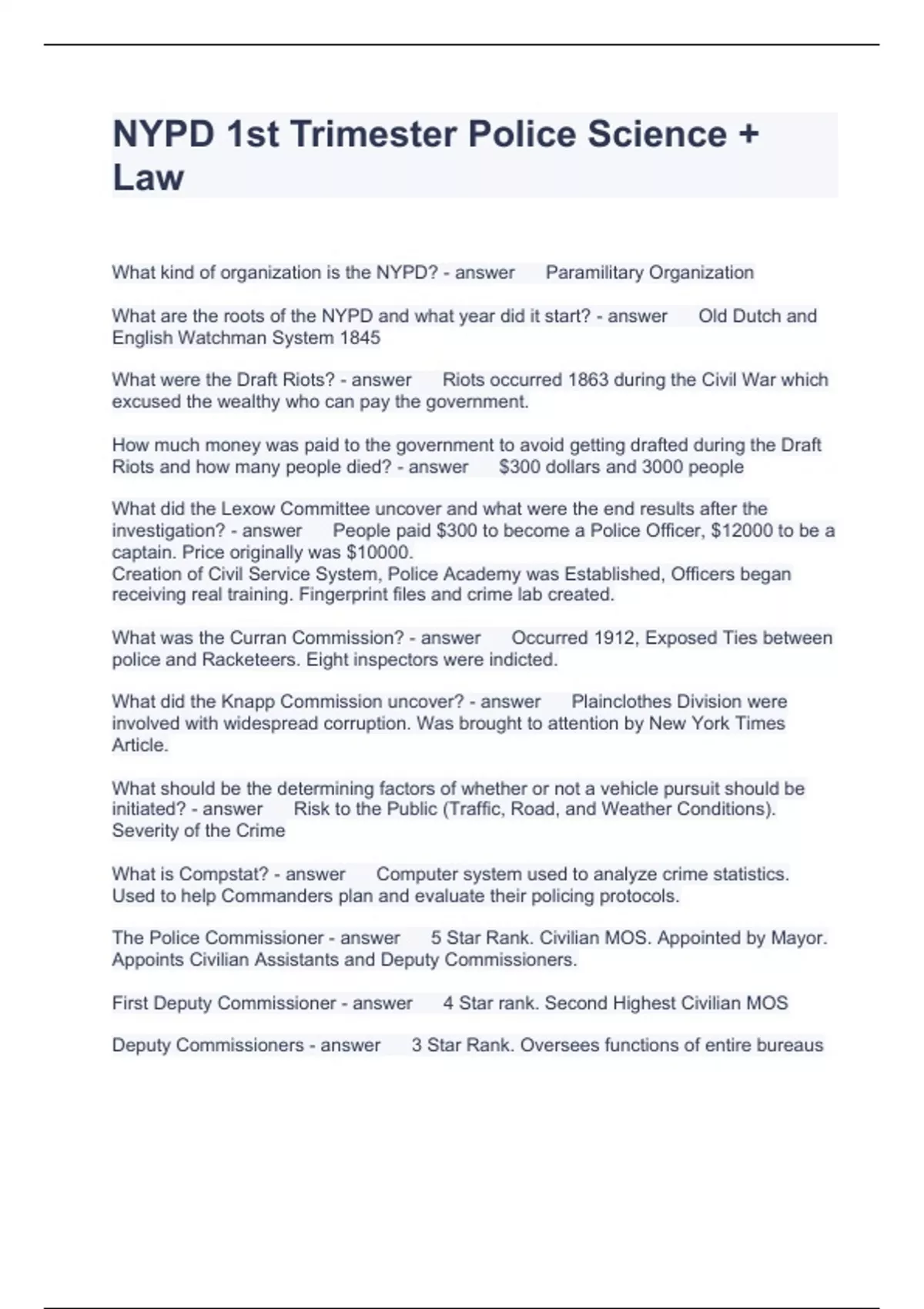 NYPD 1st Trimester Police Science + Law Questions and Answers 2024 - NYPD - Stuvia US