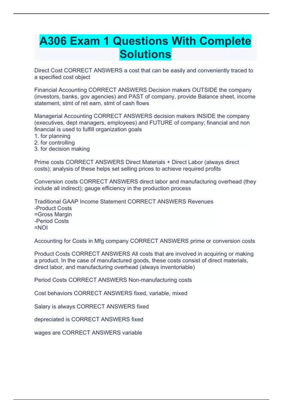 A306 Exam 1 Questions With Complete Solutions - A306 - Stuvia US