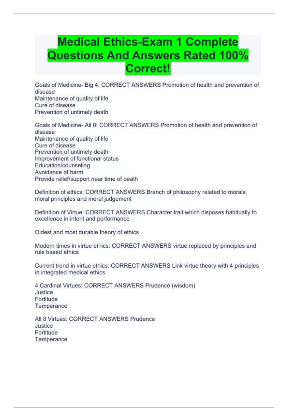 Medical Ethics Exam Questions With 100% Verified Answers (Package Deal ...