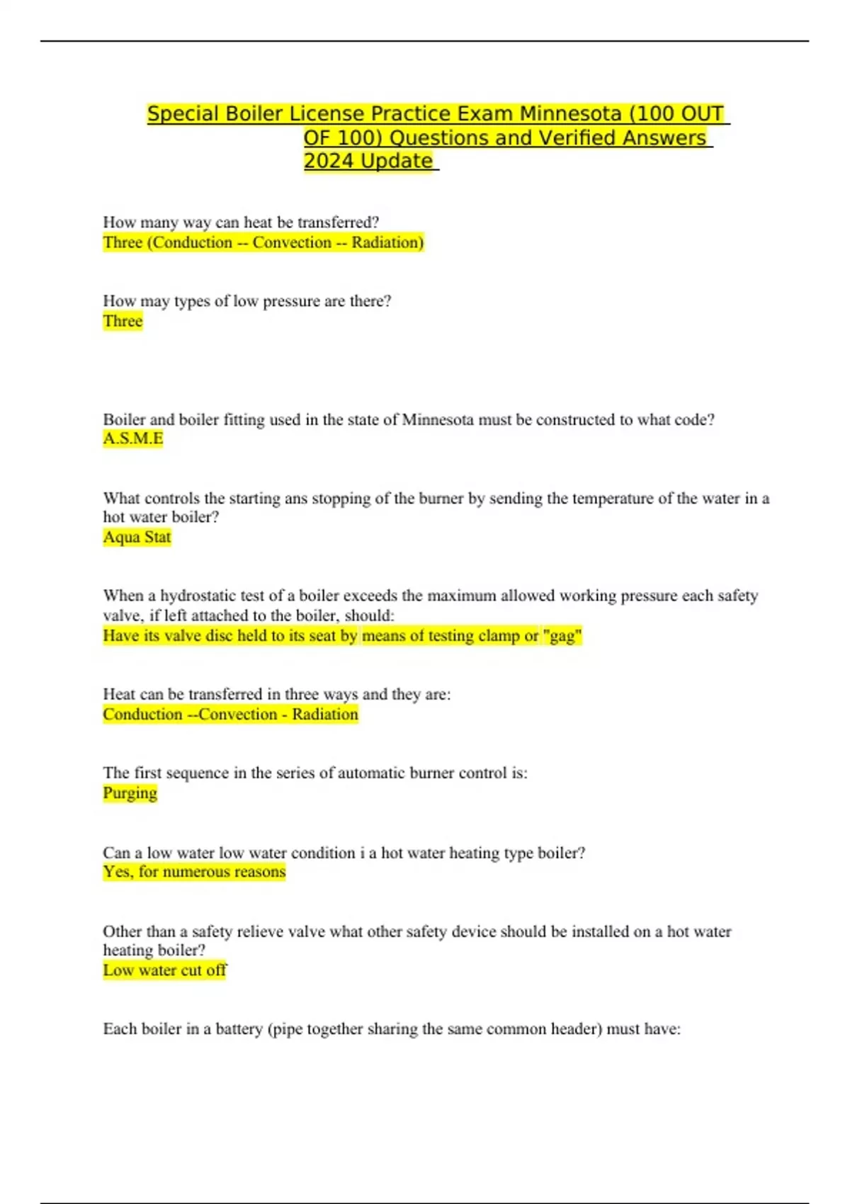 Special Boiler License Practice Exam Minnesota (100 OUT OF 100 ...