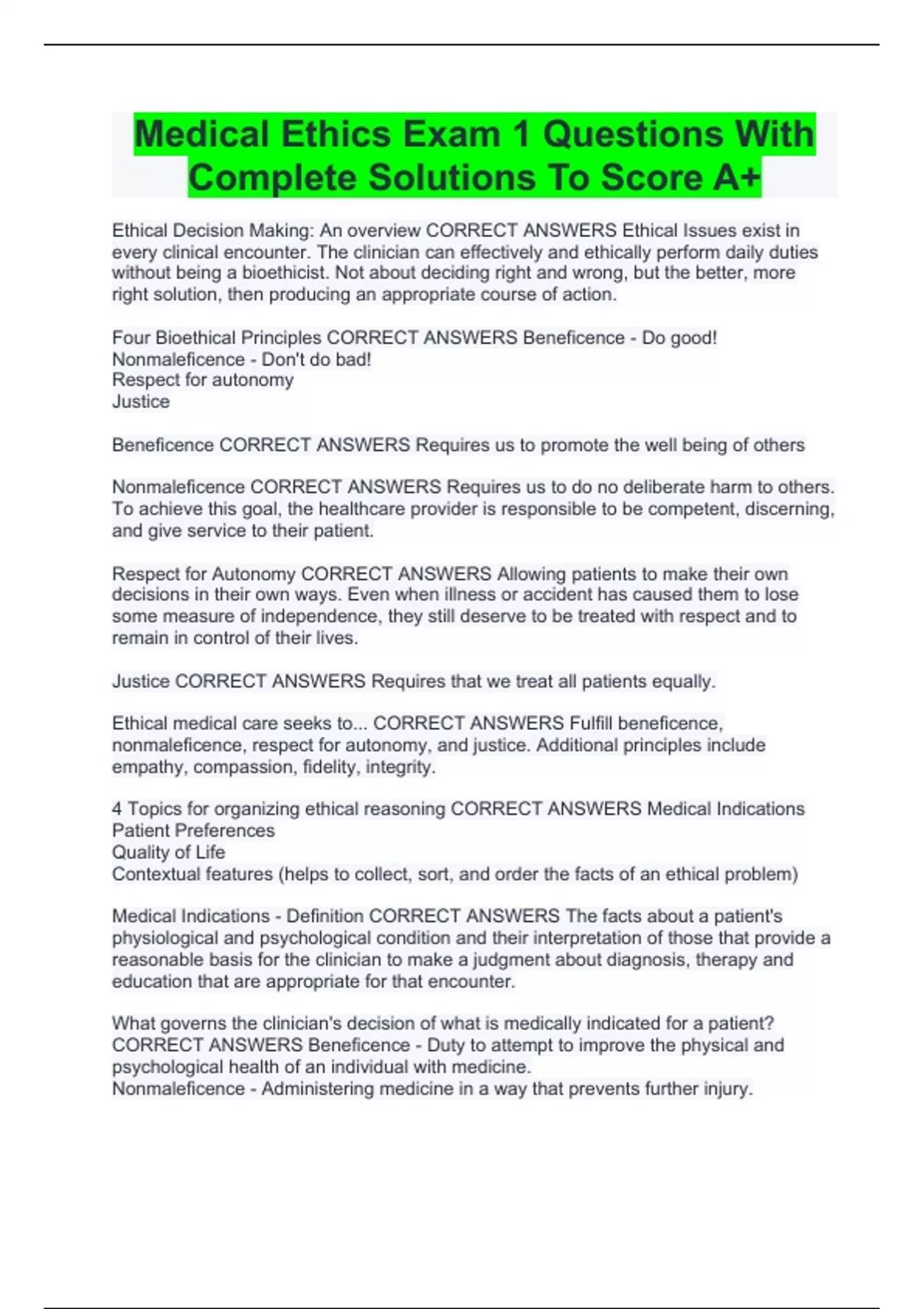 Medical Ethics Exam 1 Questions With Complete Solutions To Score A+ ...