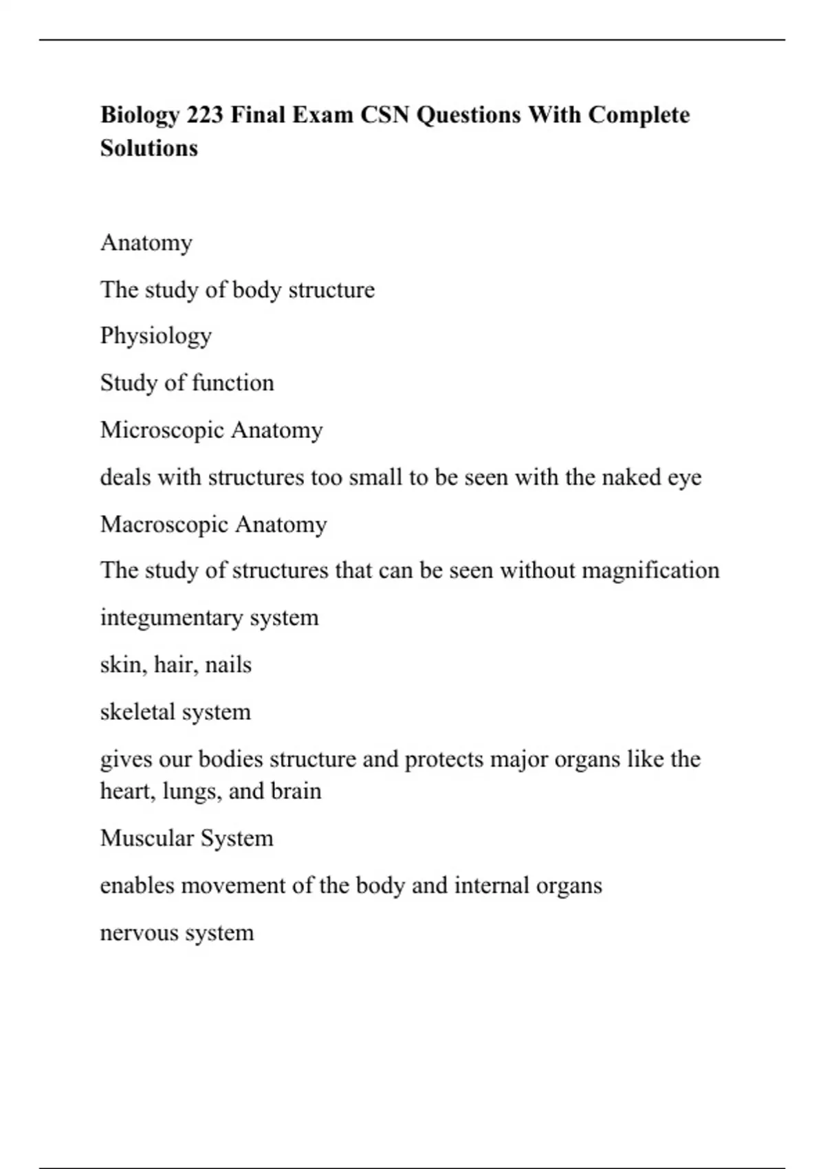 Biology 223 Final Exam CSN Questions With Complete Solutions - Biology ...