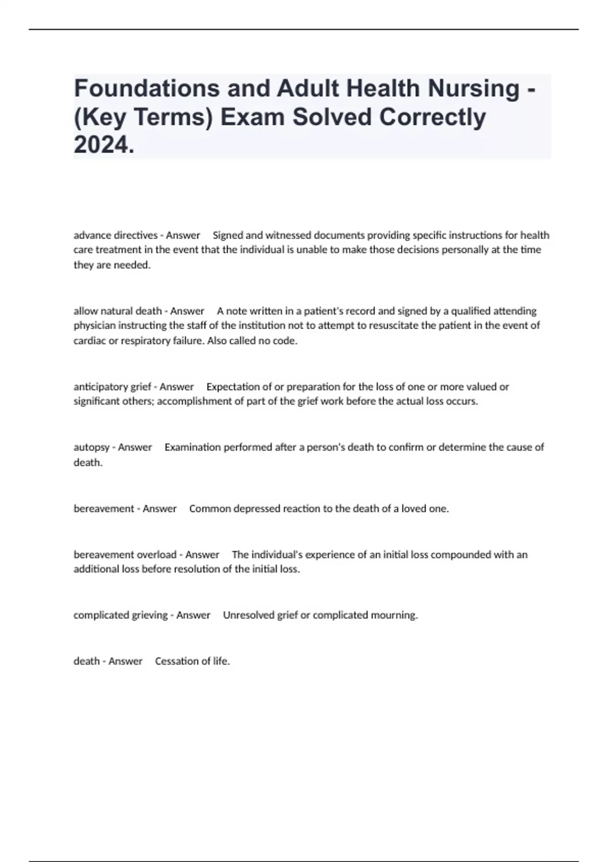 Foundations and Adult Health Nursing - (Key Terms) Exam Solved ...