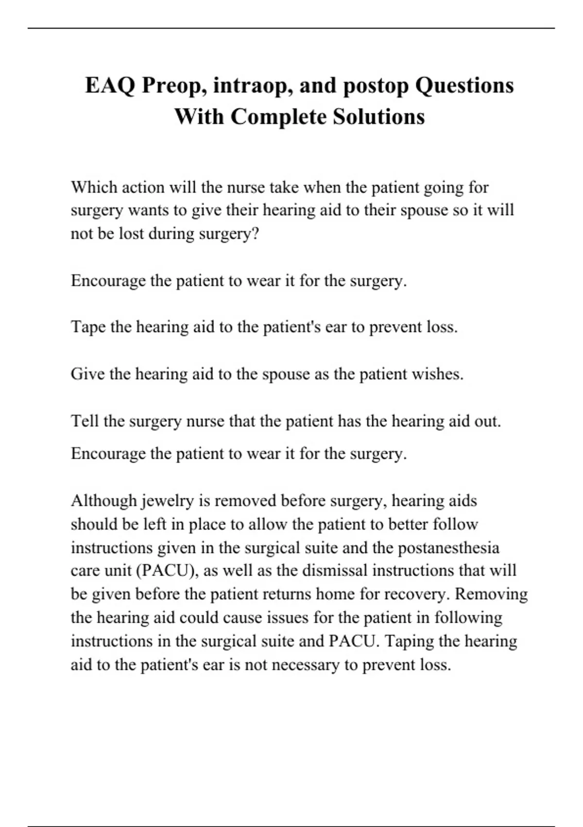 EAQ Preop, intraop, and postop Questions With Complete Solutions - EAQ ...