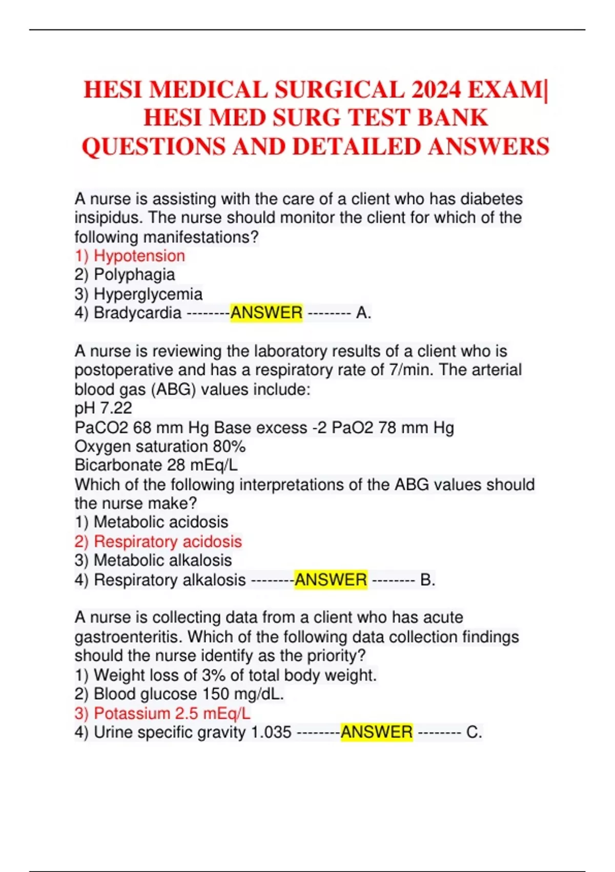 HESI MEDICAL SURGICAL 2024 EXAM| HESI MED SURG TEST BANK QUESTIONS AND ...