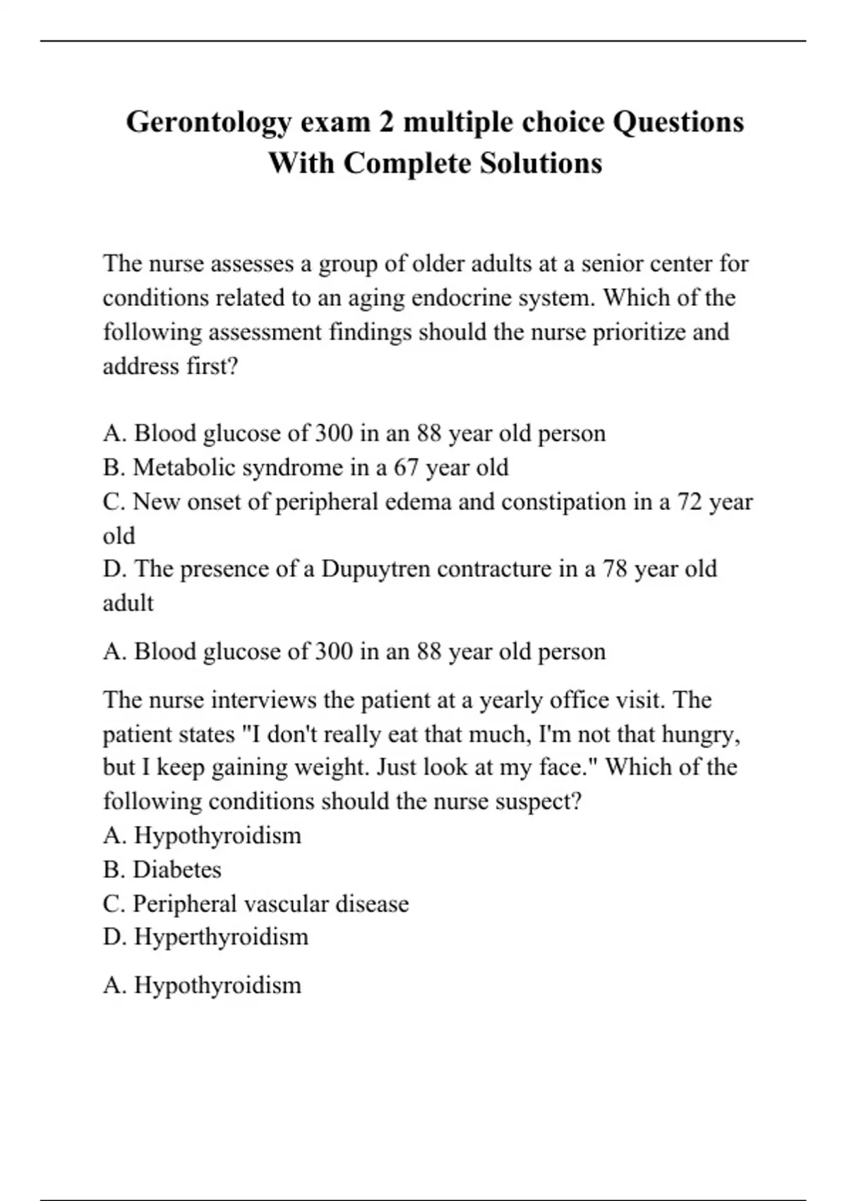 Gerontology exam 2 multiple choice Questions With Complete Solutions ...