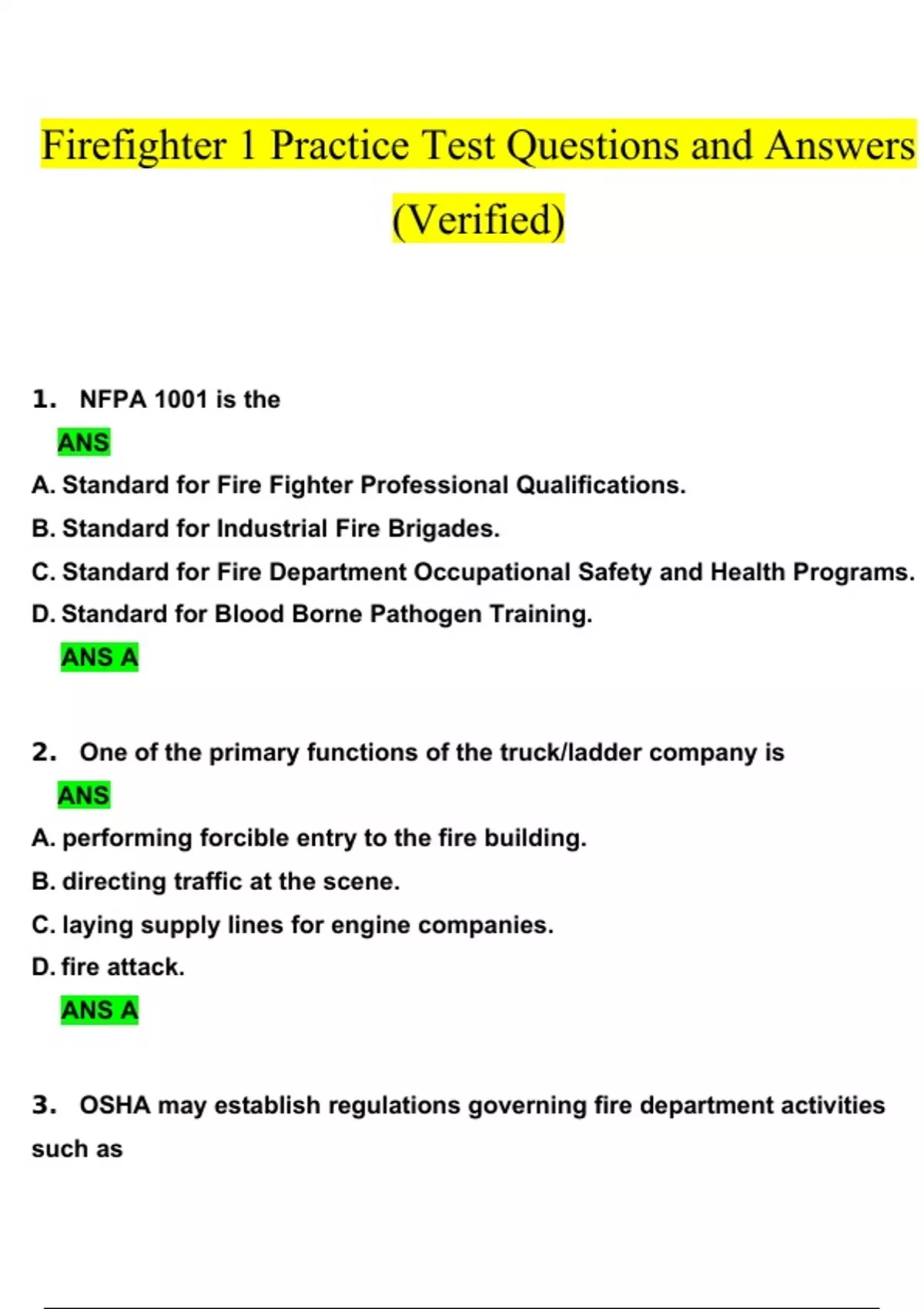 Firefighter 1 Practice Test Questions and Answers (2024 / 2025 ...