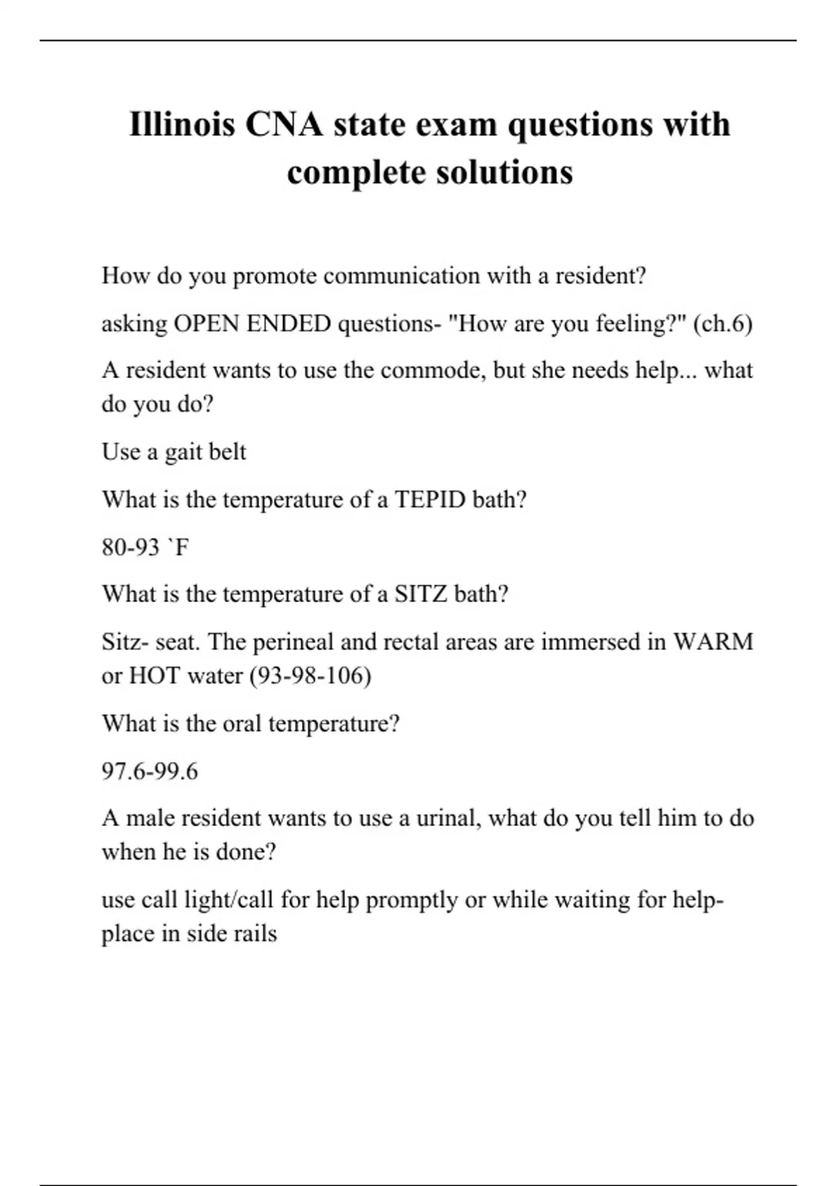Illinois CNA state exam questions with complete solutions - CNA / Nursing Assitant - Stuvia US