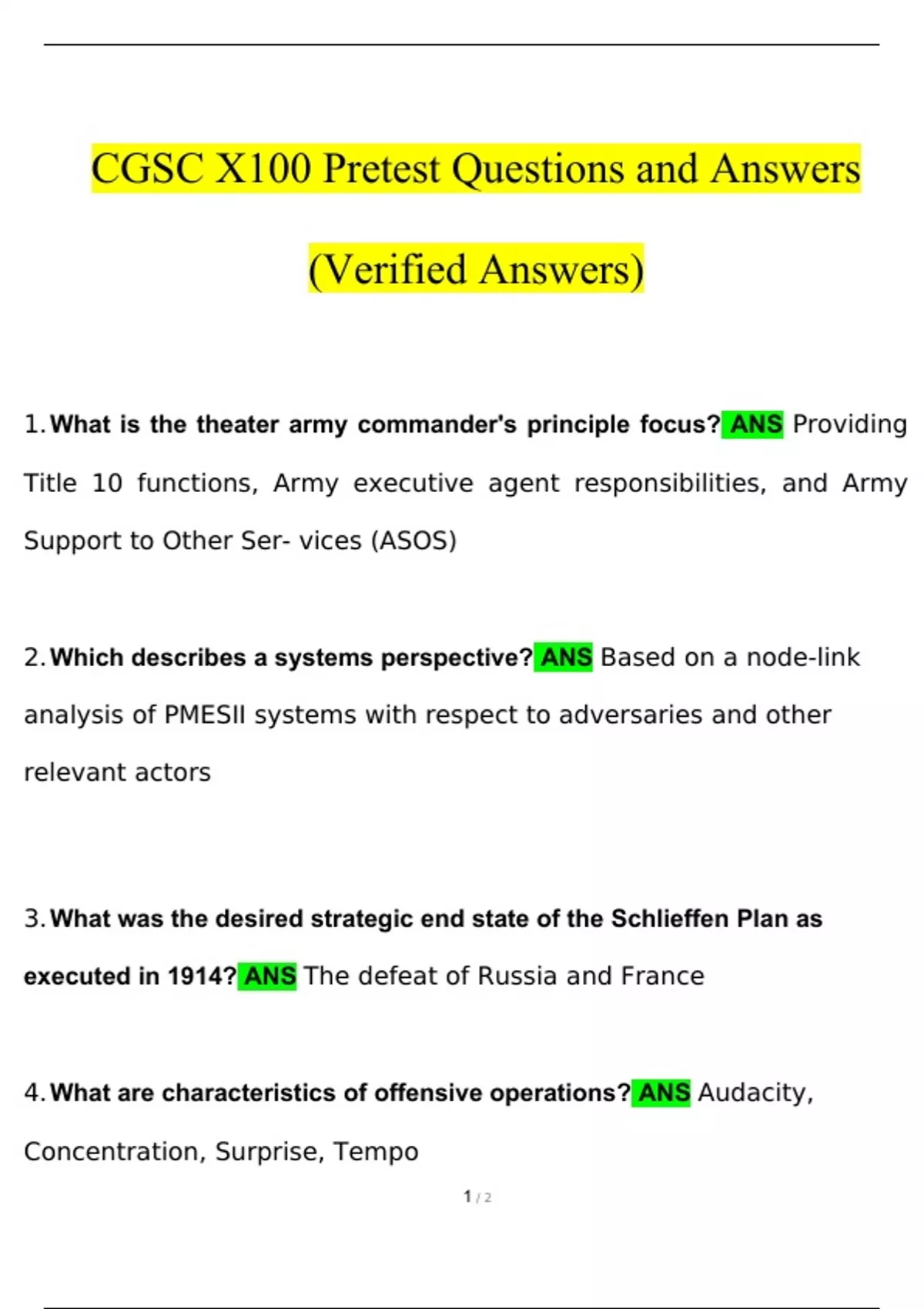 CGSC X100 Pretest Questions and Answers 2025 / 2026 | 100% Verified ...