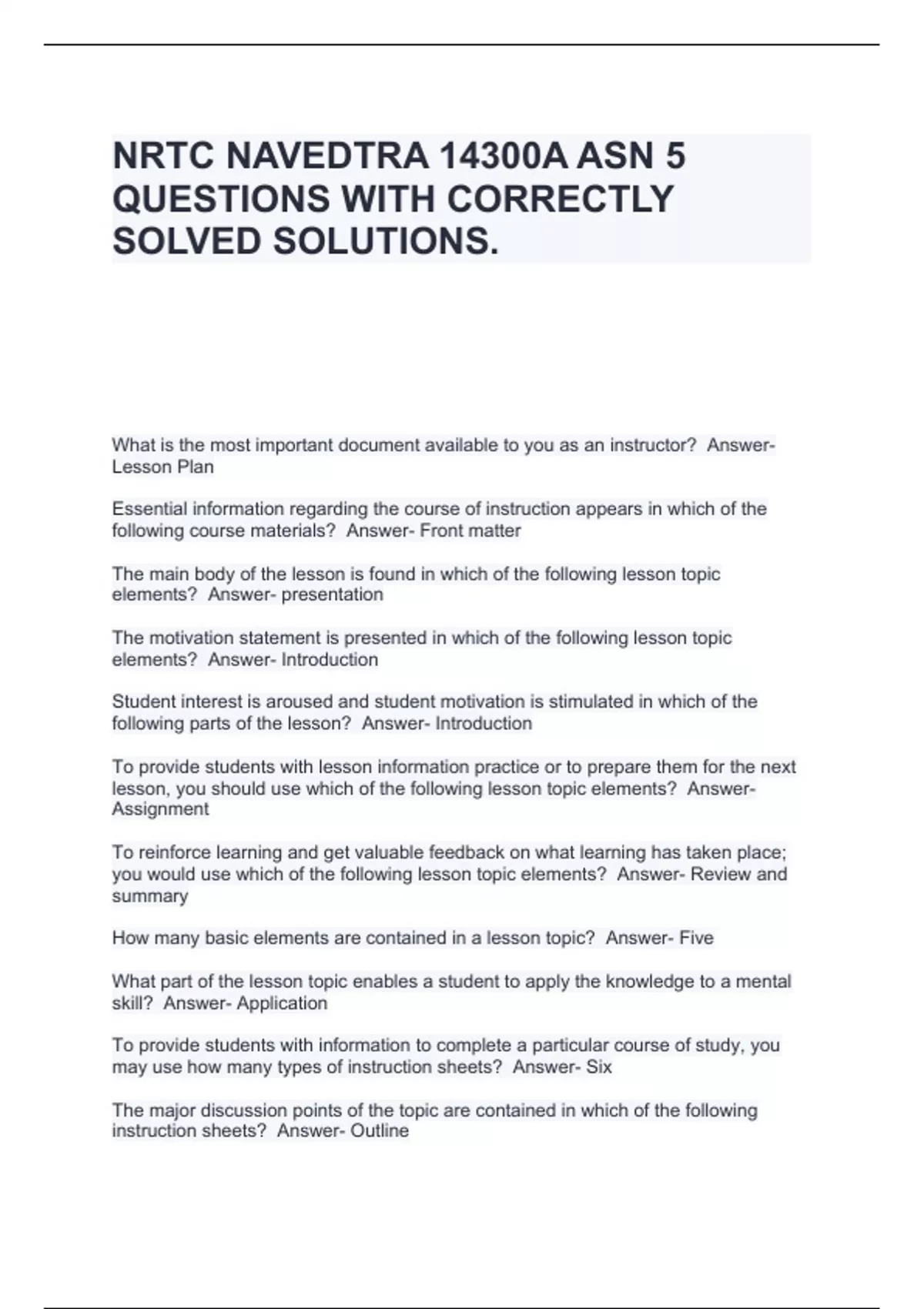 NRTC NAVEDTRA 14300A ASN 5 QUESTIONS WITH CORRECTLY SOLVED SOLUTIONS. - NRTC NAVEDTRA - Stuvia US