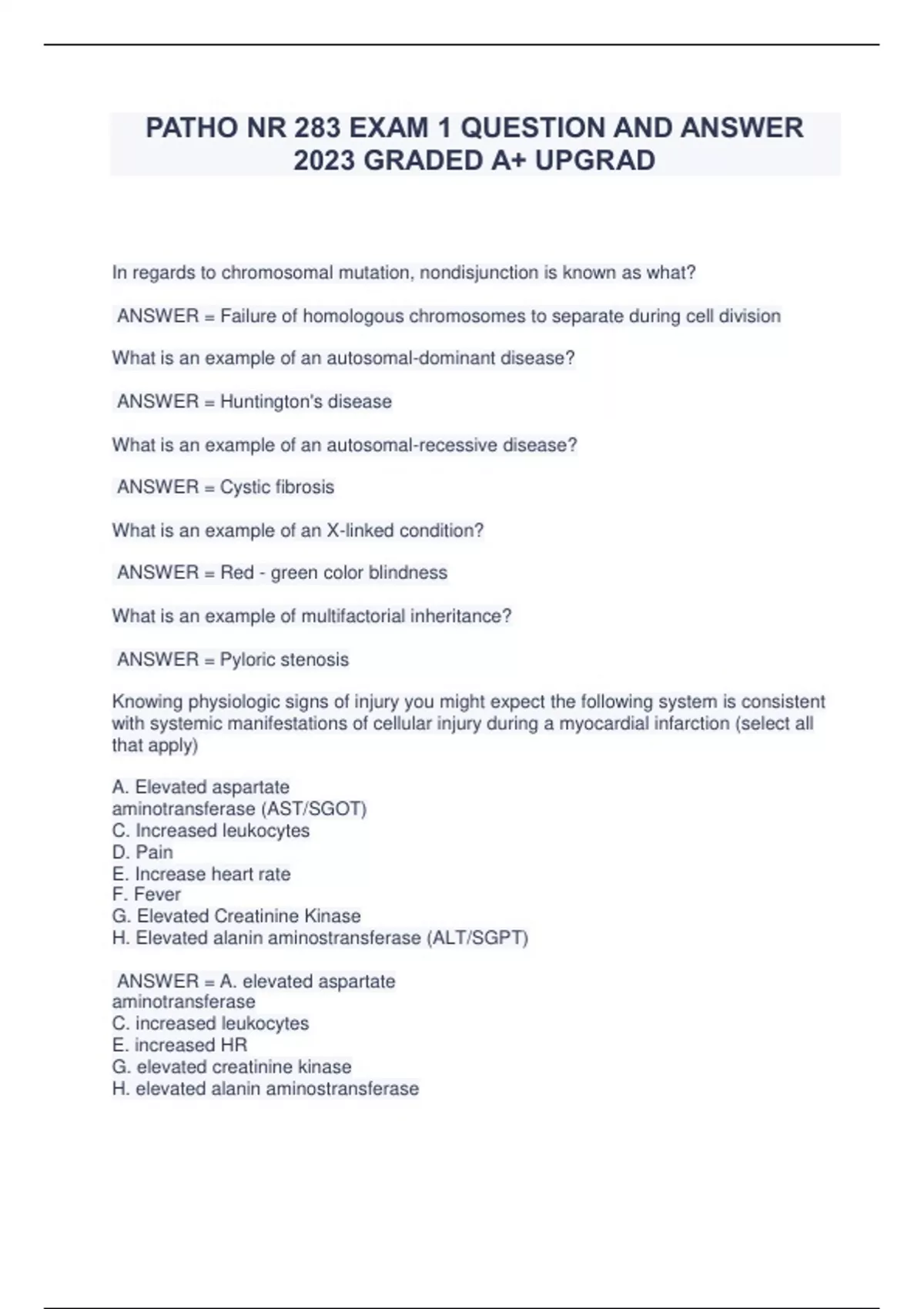 PATHO NR 283 EXAM 1 QUESTION AND ANSWER 2023 GRADED A+ UPGRAD - PATHO ...