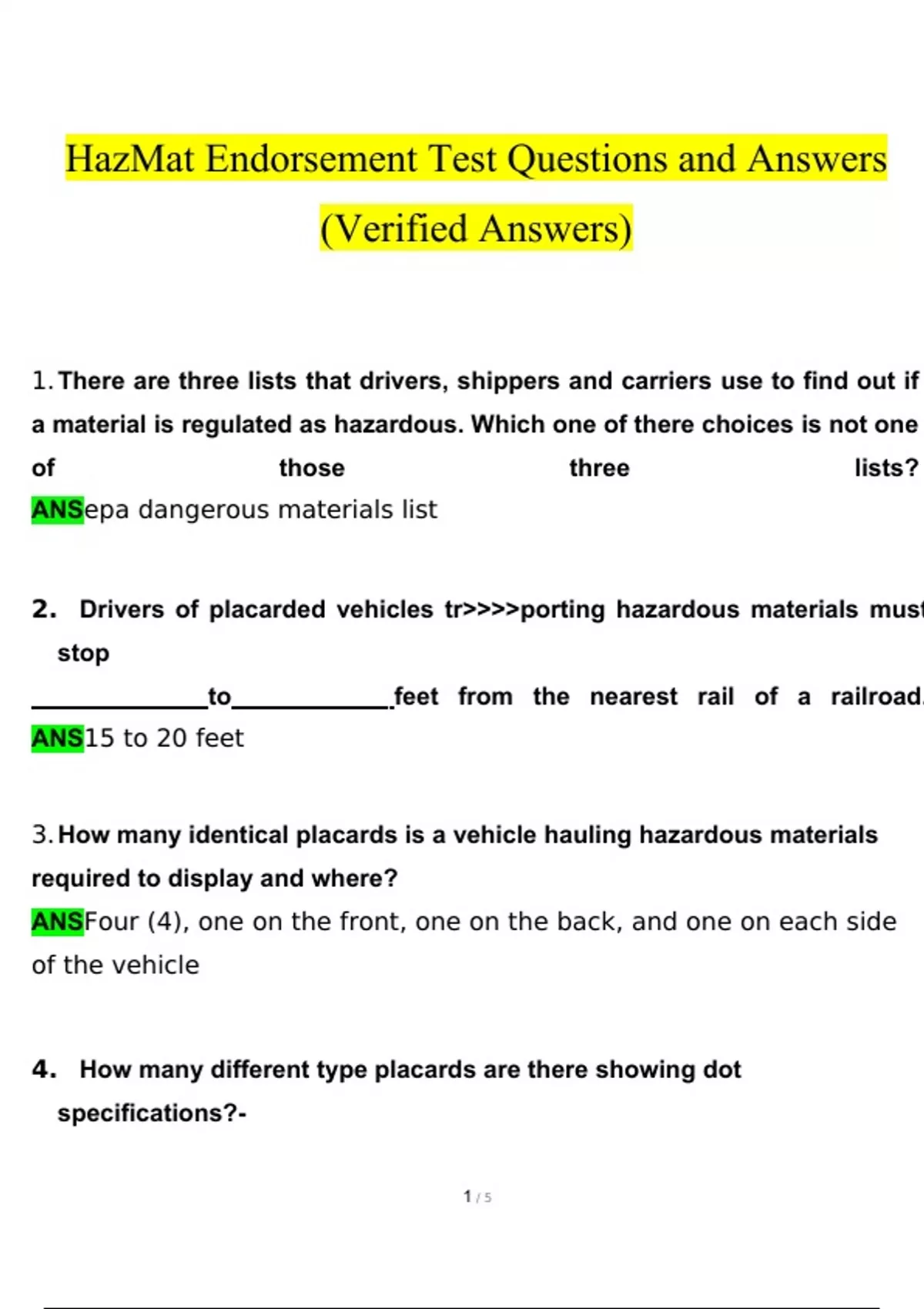 HazMat Endorsement Test Questions and Answers (2024 / 2025) (Verified ...