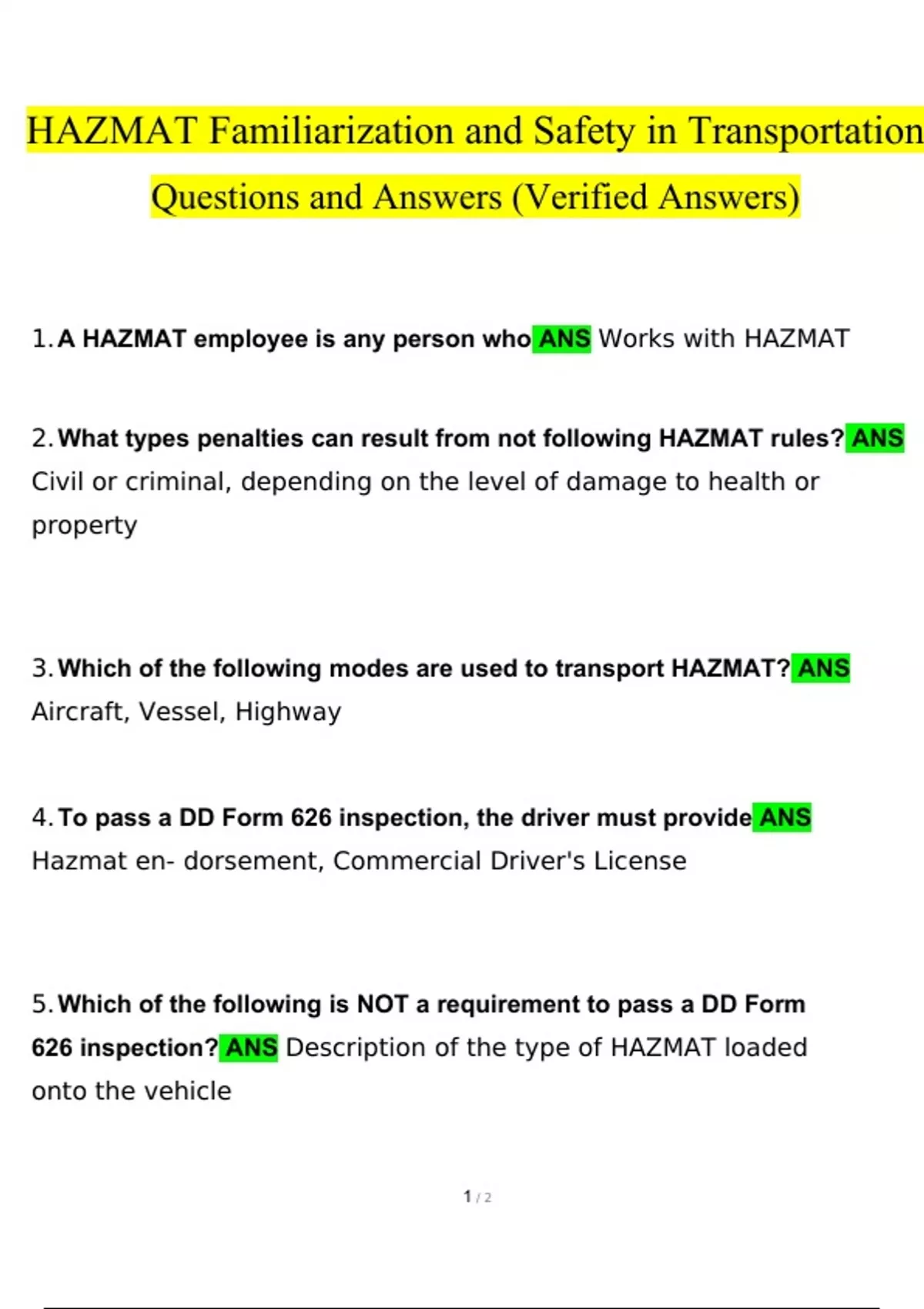 HAZMAT Familiarization and Safety in Transportation Questions and ...