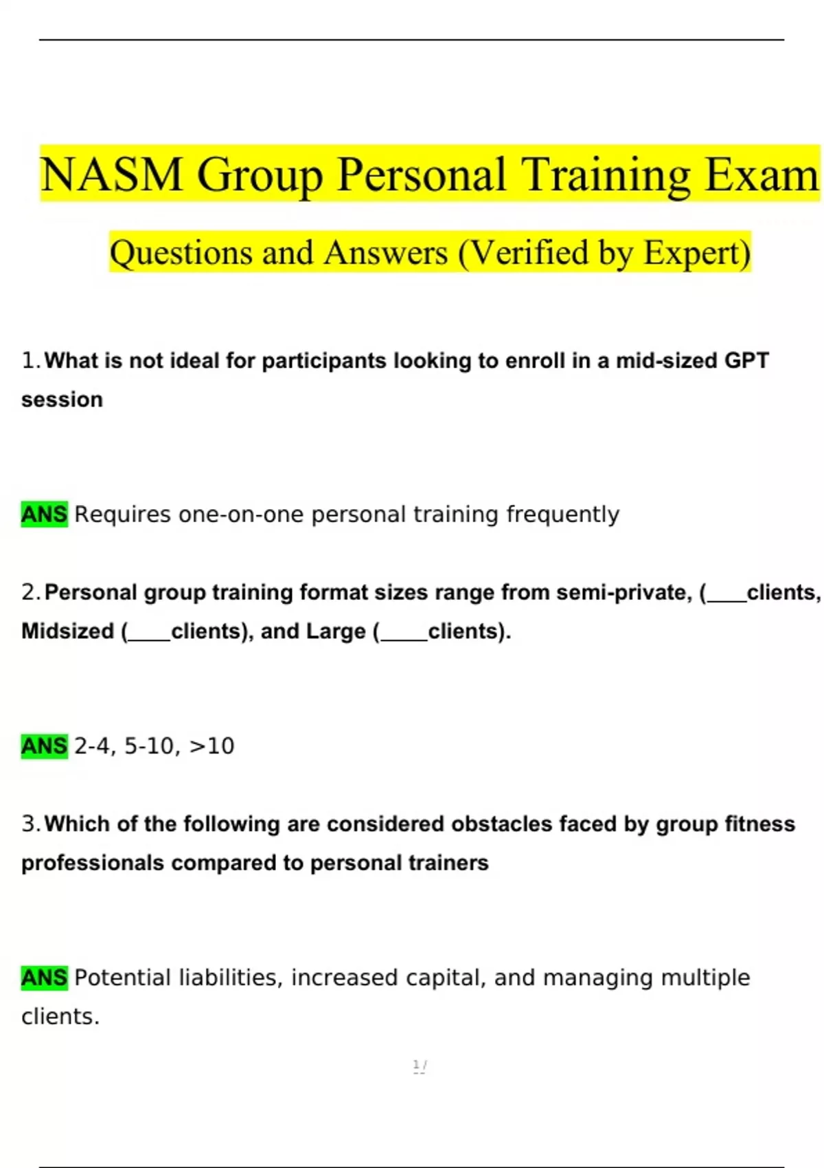 NASM Group Fitness Exam Questions and Answers (2024 / 2025) (Verified ...