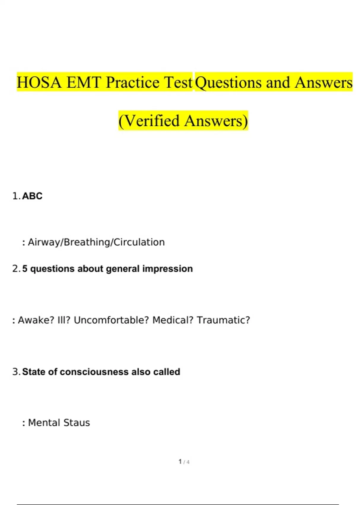 HOSA EMT Practice Test Questions and Answers (2024 / 2025) (Verified ...