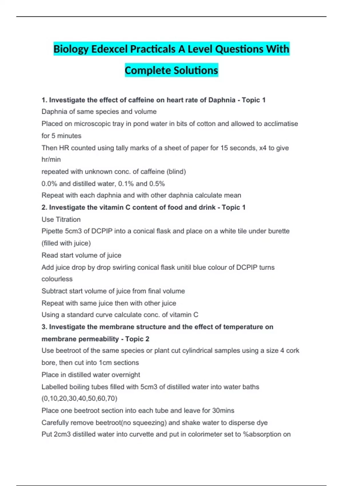 Biology Edexcel Practicals A Level Questions With Complete Solutions ...