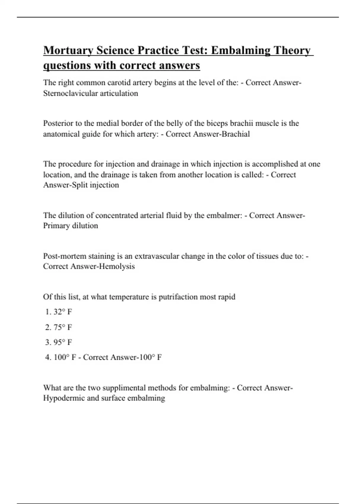 Mortuary Science Practice Test: Embalming Theory questions with correct ...