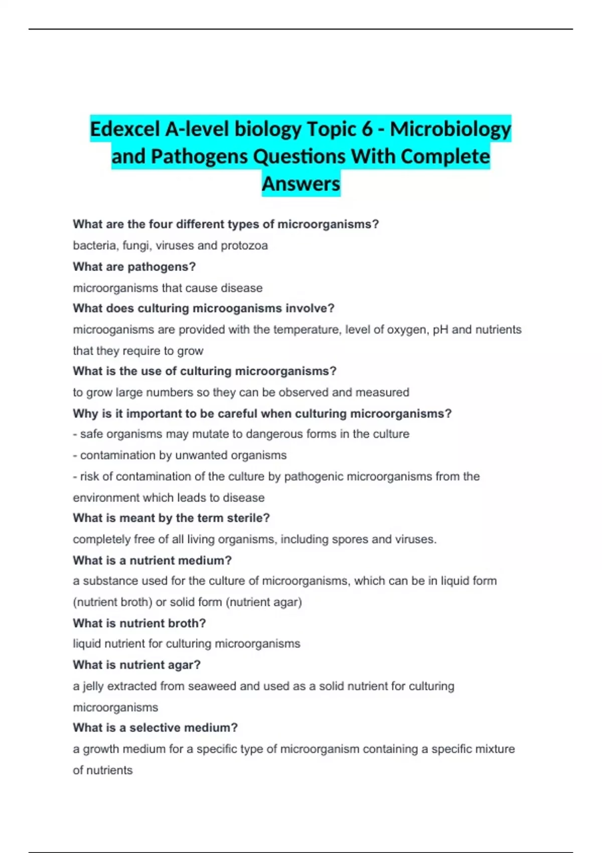 Edexcel A-level biology Topic 6 - Microbiology and Pathogens Questions ...