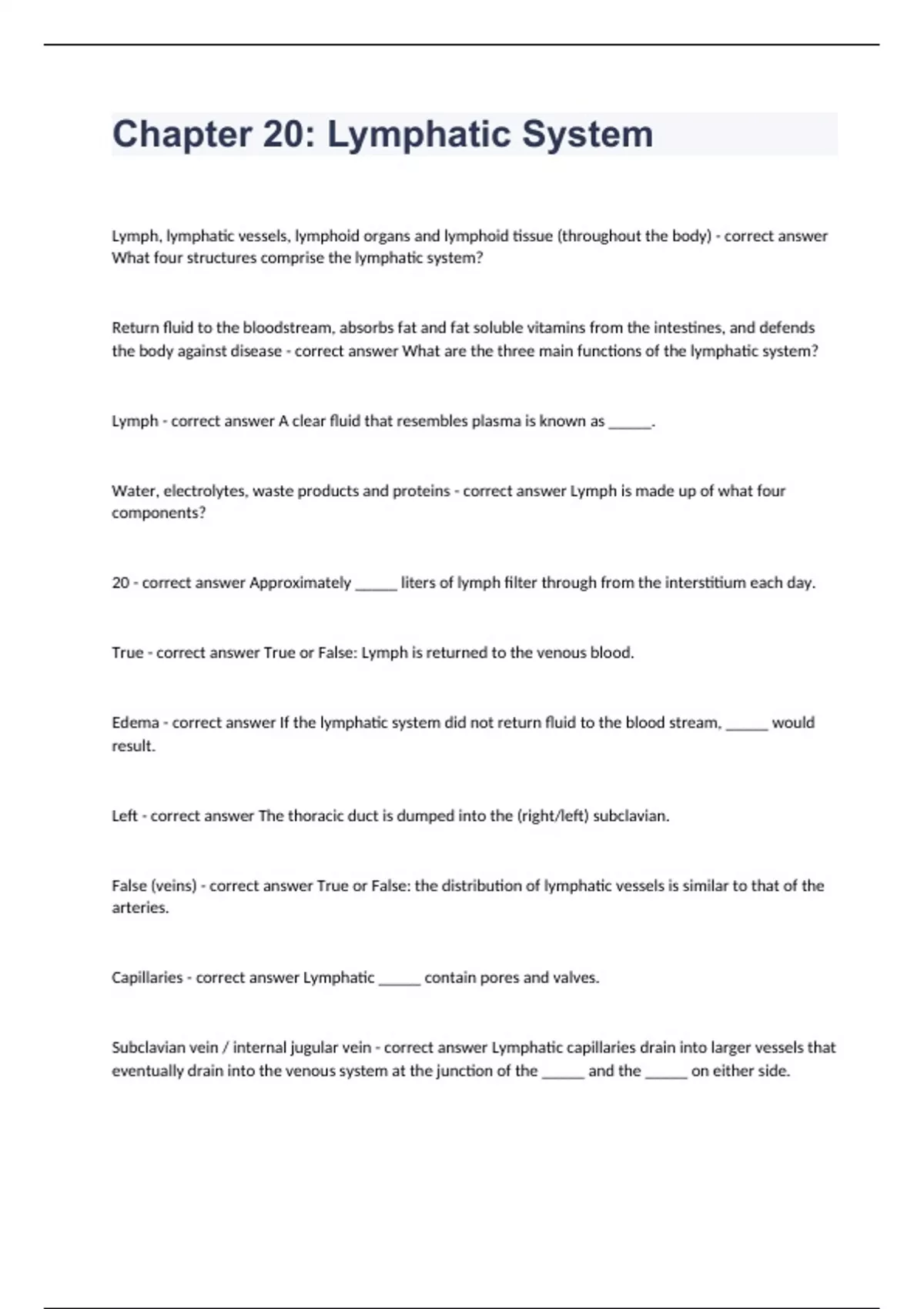 Chapter 20 Lymphatic System Question and answers 100% correct 2023/2024 ...