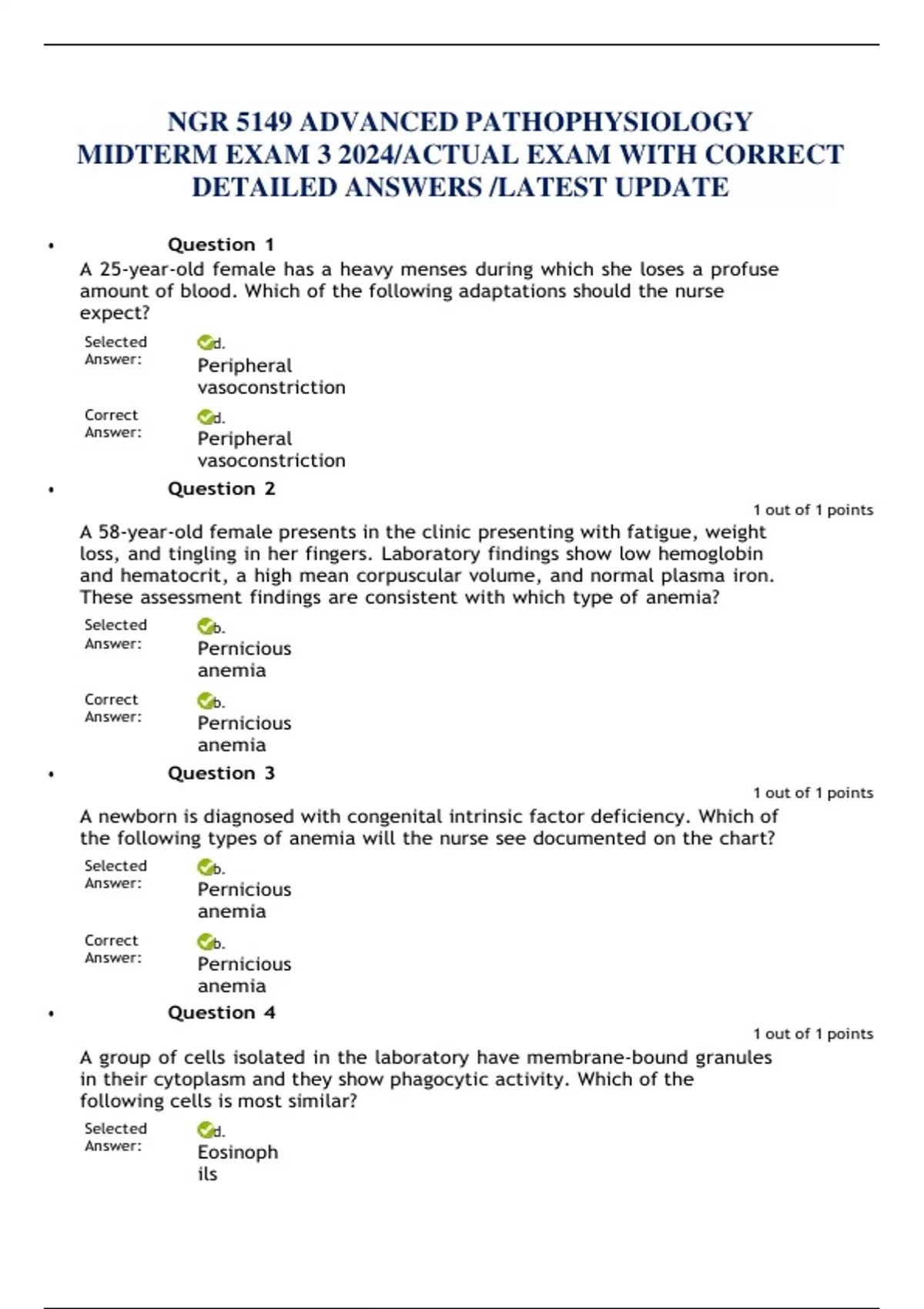 NGR 5149 ADVANCED PATHOPHYSIOLOGY MIDTERM EXAM 3 2024/ACTUAL EXAM WITH CORRECT DETAILED ANSWERS ...