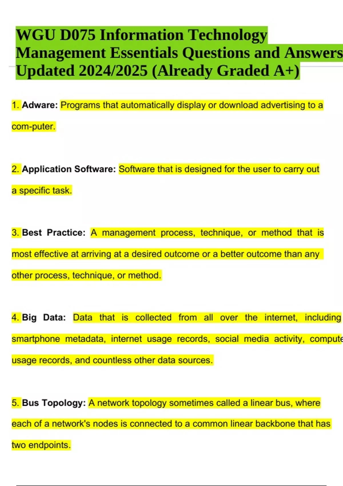 WGU D075 Information Technology Management Essentials Exam Questions ...