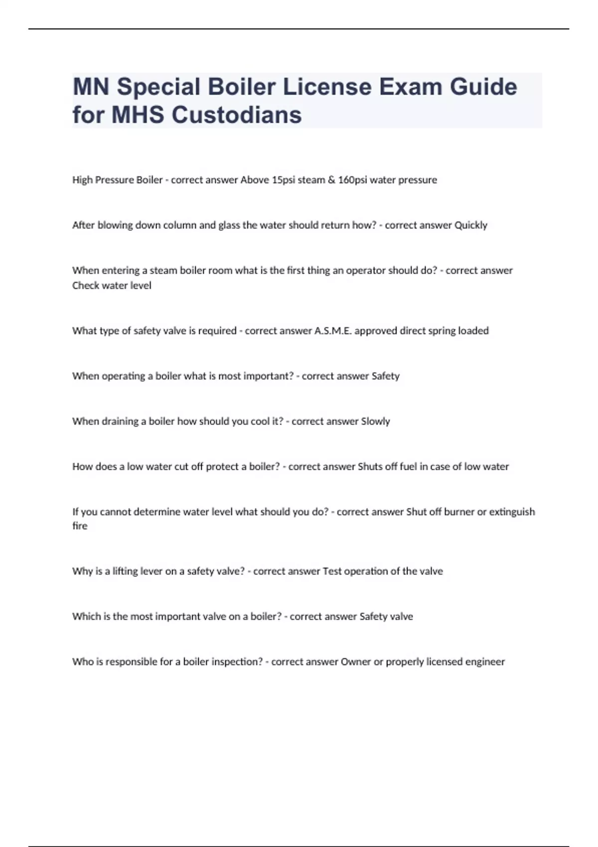 Mn special Boiler License Exam Guide for MHS Custodians Questions with ...