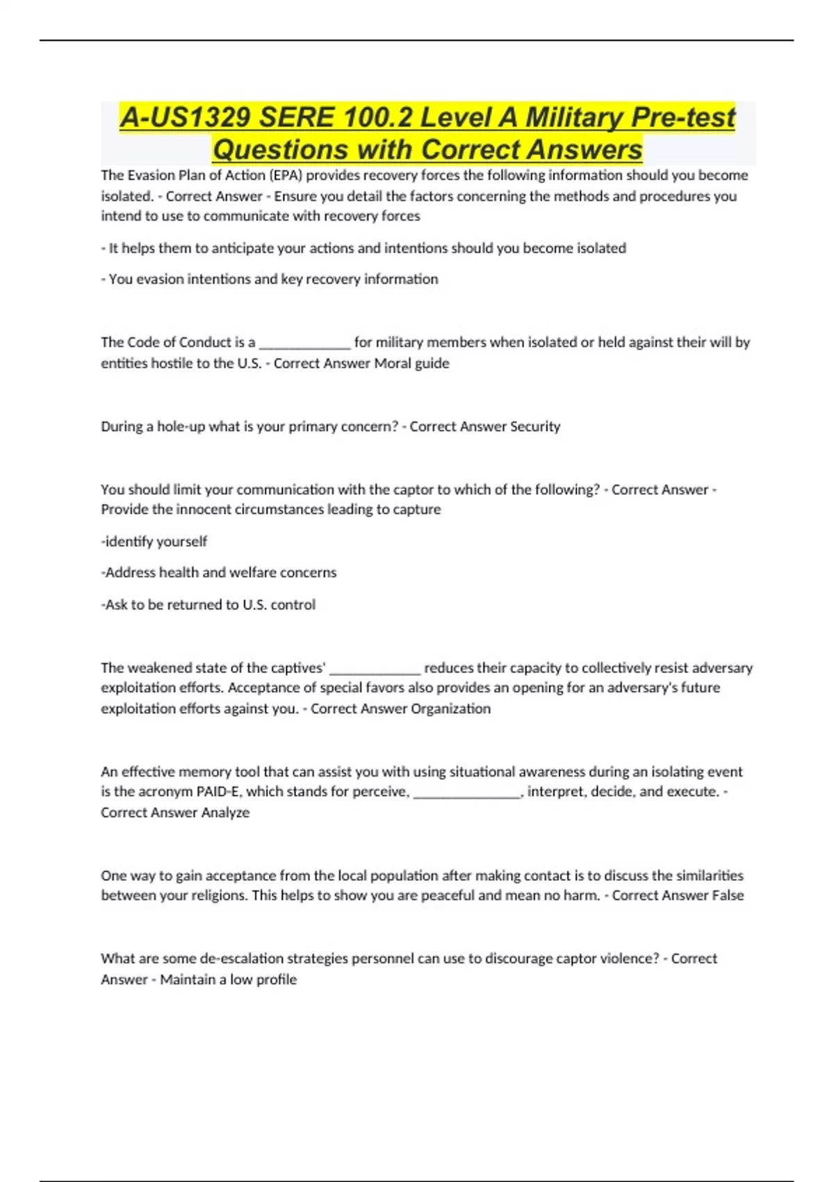A-US1329 SERE 100.2 Level A Military Pre-test Questions with Correct ...