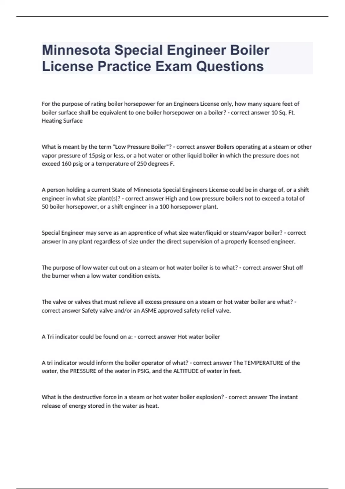 Minnesota Special Engineer Boiler License Practice Exam Questions and ...