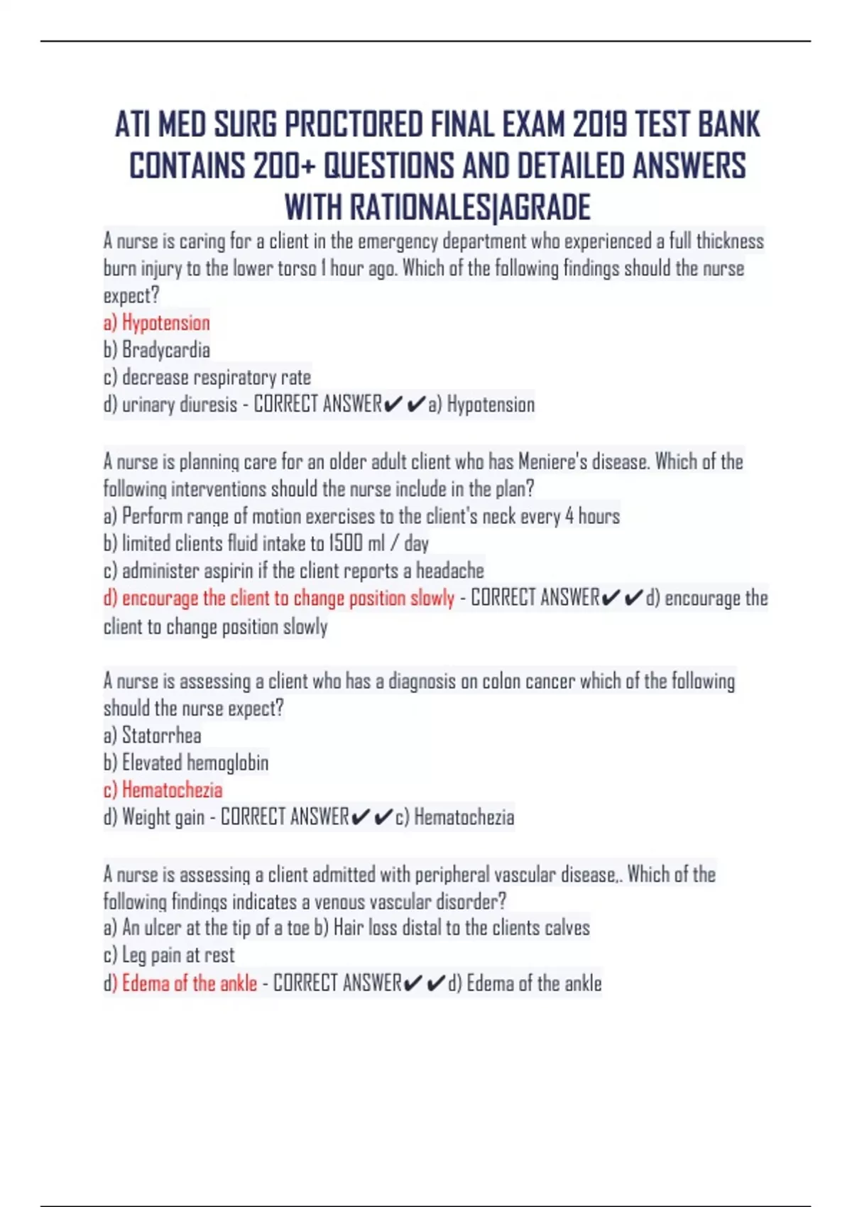 ATI MED SURG PROCTORED FINAL EXAM 2019 TEST BANK CONTAINS 200 ...