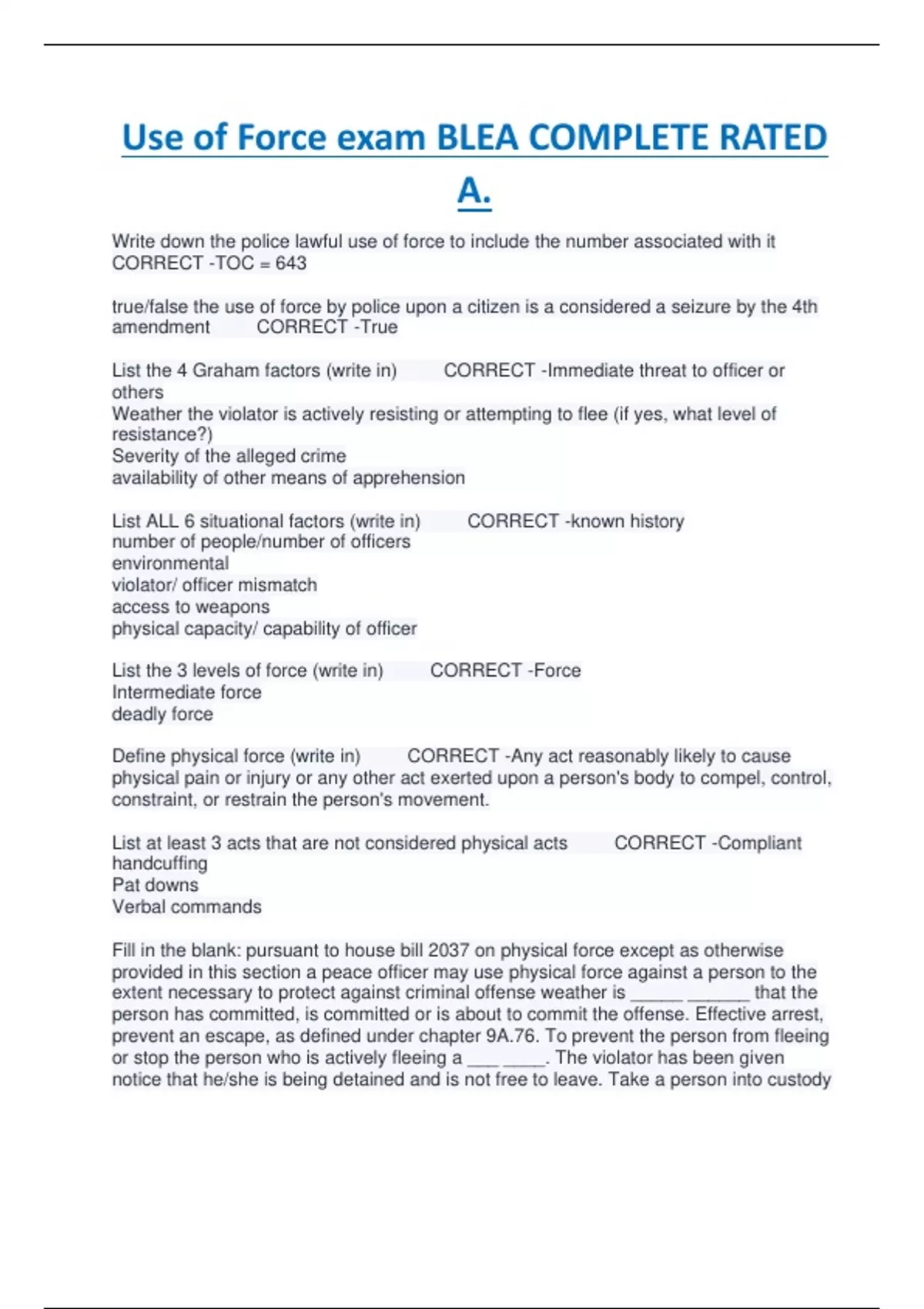 Use of Force exam BLEA COMPLETE RATED A.Use of Force exam BLEA COMPLETE ...