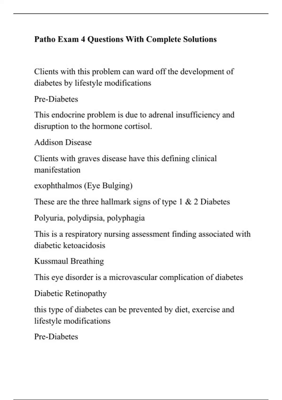 Patho Exam 4 Questions With Complete Solutions - PATHOPHYSIOLOGY - Stuvia US