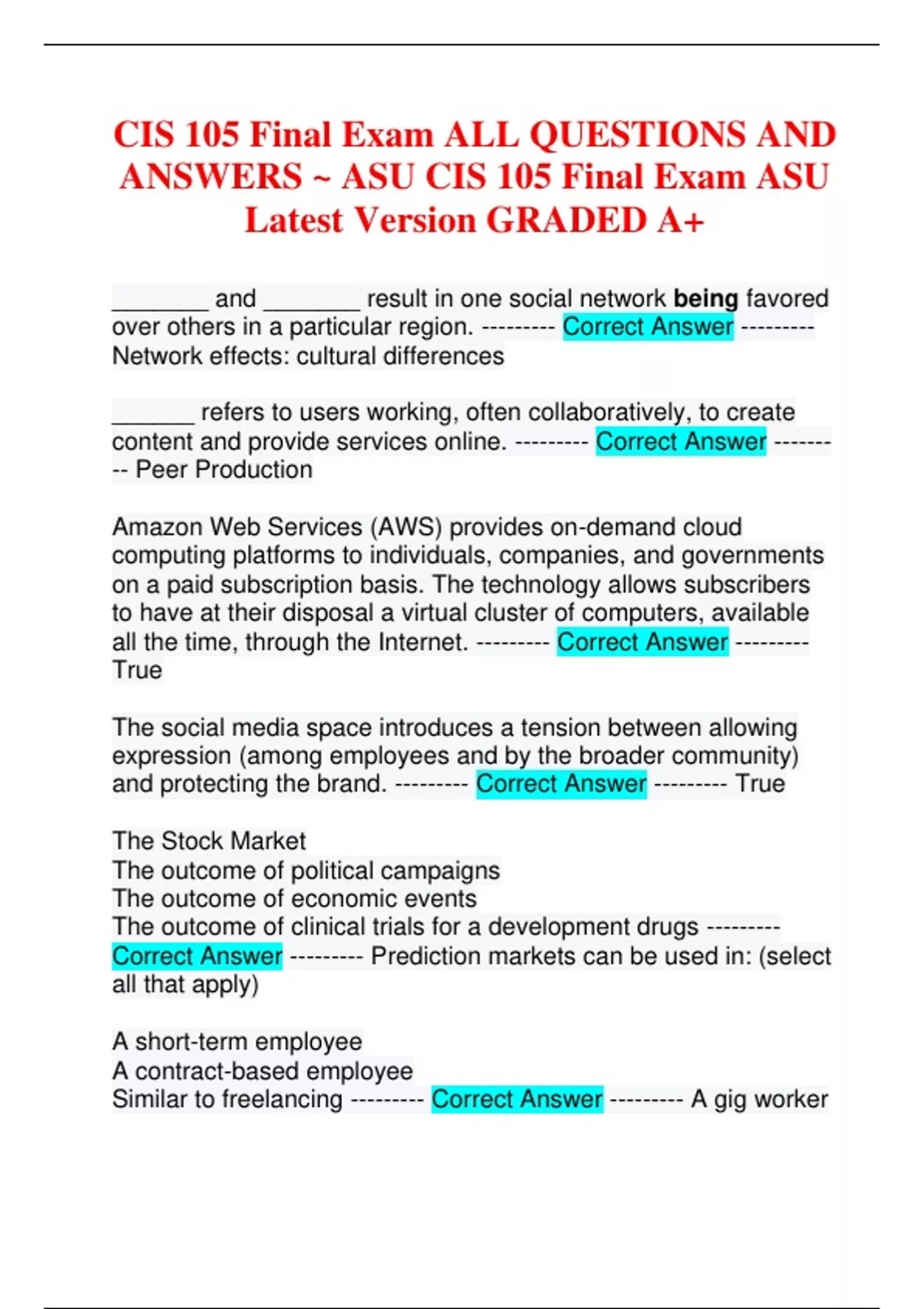 CIS 105 FINAL EXAM ASU- COMPUTER APPLICATION AND INFORMATION TECHNOLOGY FINAL EXAM ARIZONA STATE ...