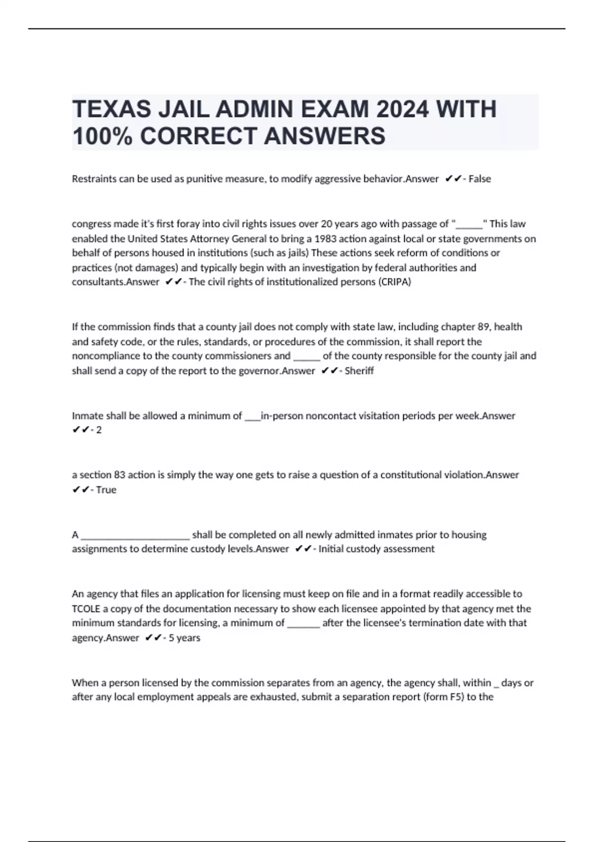 TEXAS JAIL ADMIN EXAM 2024 WITH 100% CORRECT ANSWERS - TEXAS JAIL ADMIN ...