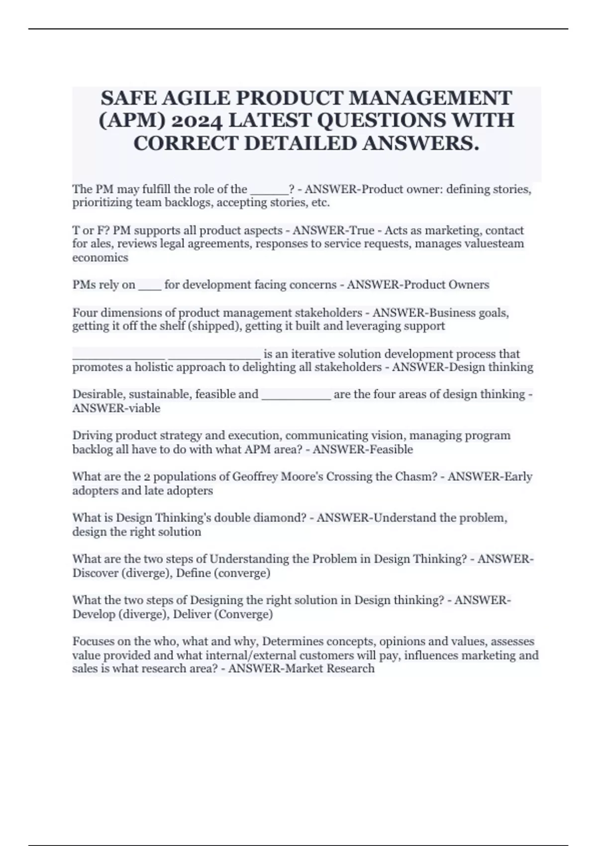 SAFE AGILE PRODUCT MANAGEMENT (APM) 2024 LATEST QUESTIONS WITH CORRECT ...