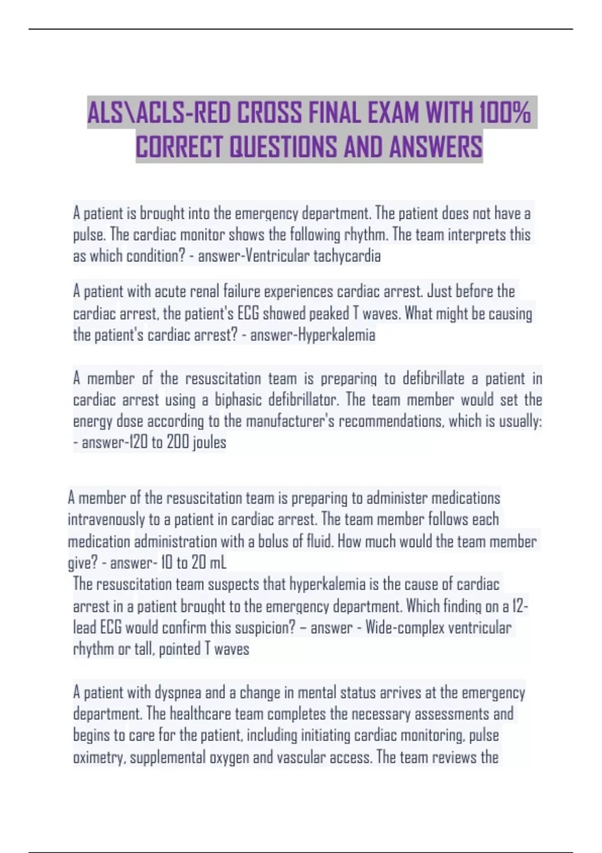 ALSACLS-RED CROSS FINAL EXAM WITH 100% CORRECT QUESTIONS AND ANSWERS ...