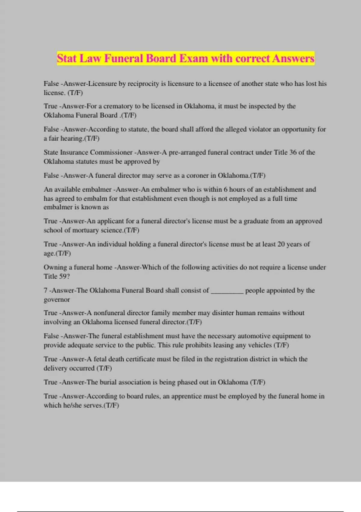 Stat Law Funeral Board Exam with correct Answers - Funeral ...