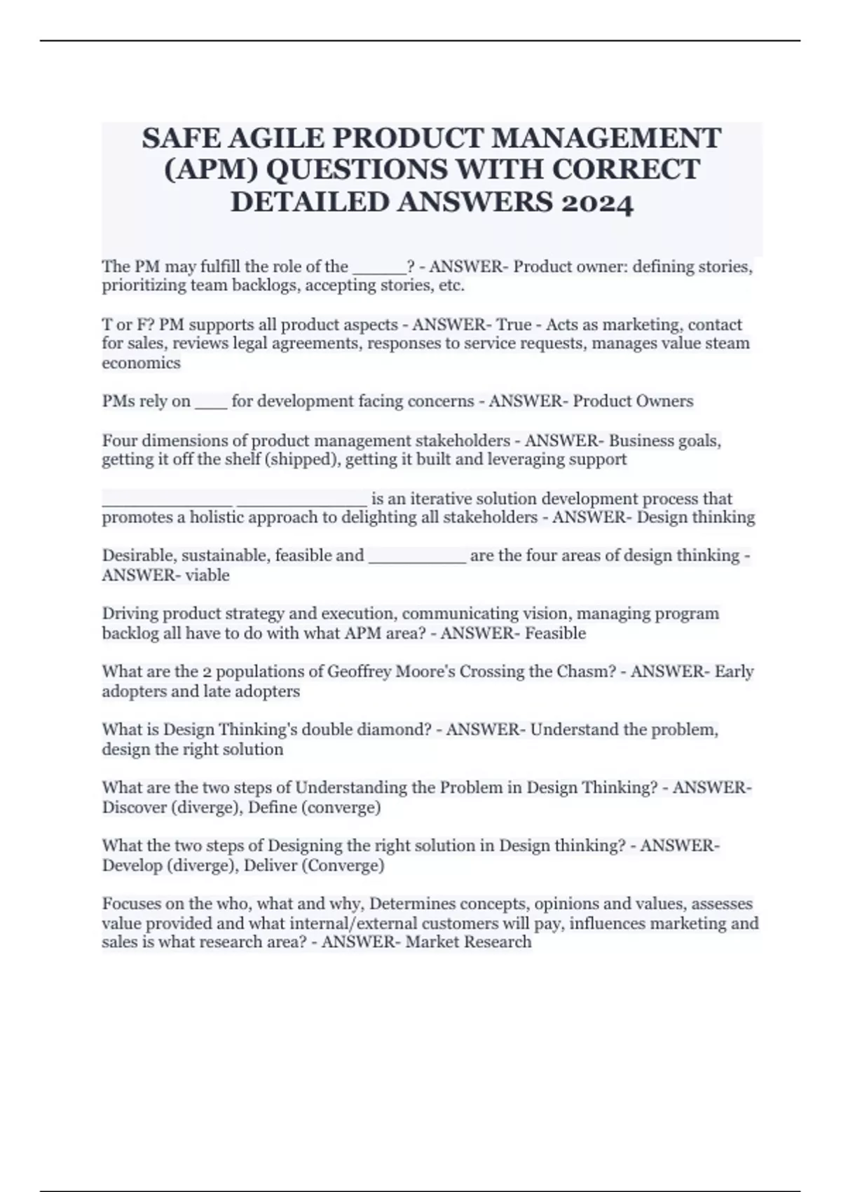 Safe Agile Product Management Apm Questions With Correct Detailed Answers 2024 Safe Agile