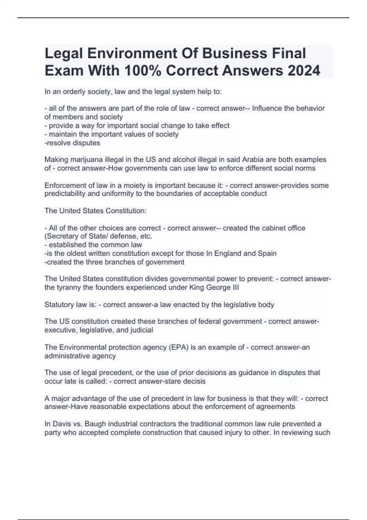 Legal Environment Of Business Final Exam With 100% Correct Answers 2024 ...