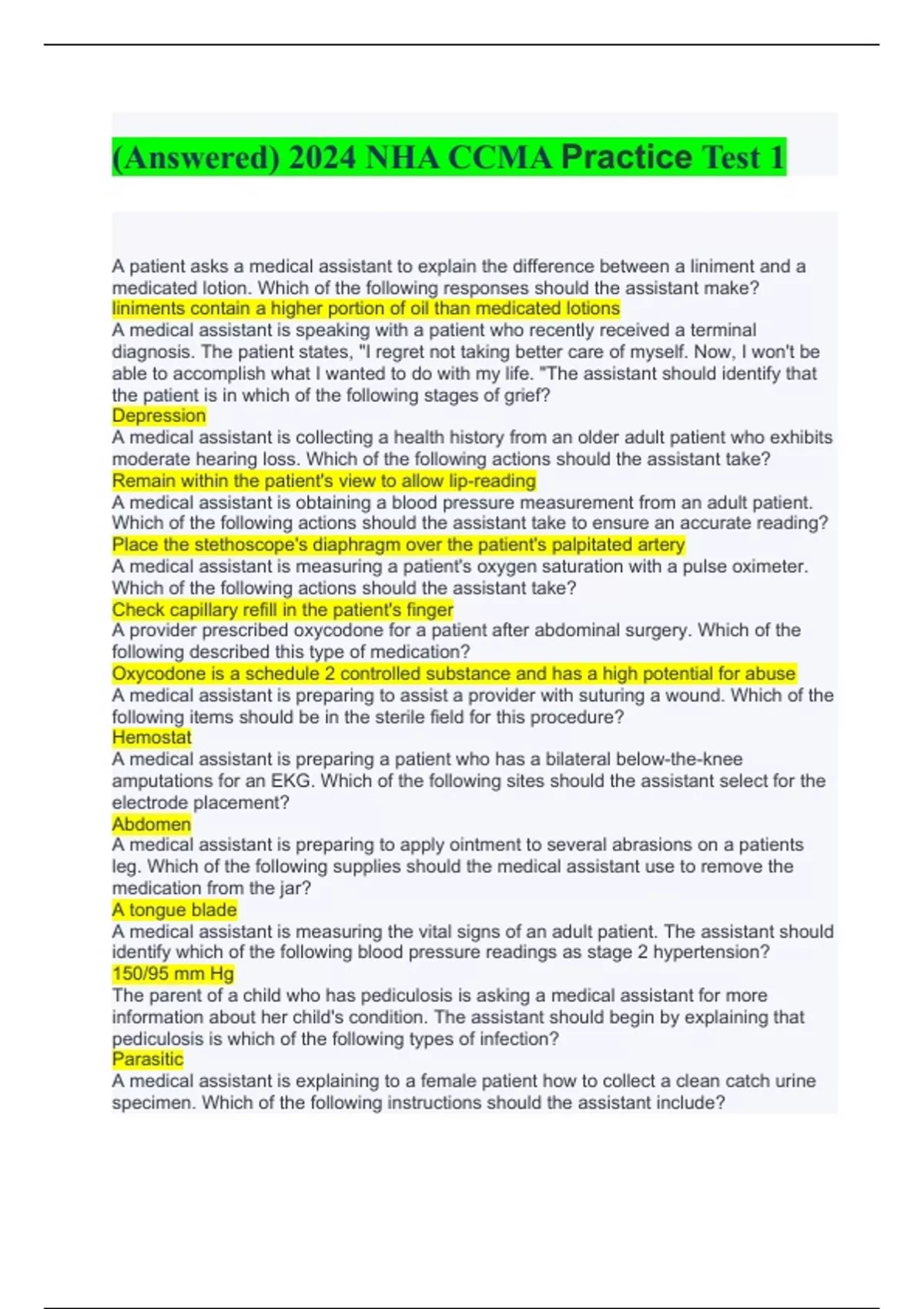 (Answered) 2024 NHA CCMA Practice Test 1 - NHA CCMA - Stuvia US