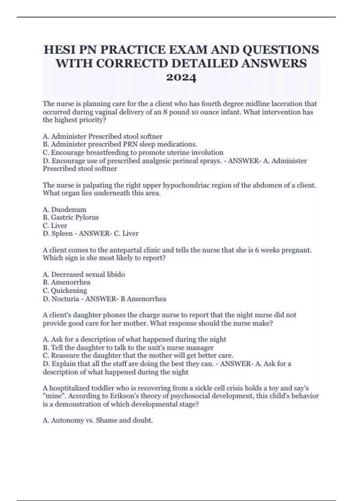 HESI PN PRACTICE EXAM AND QUESTIONS WITH CORRECTD DETAILED ANSWERS 2024 ...