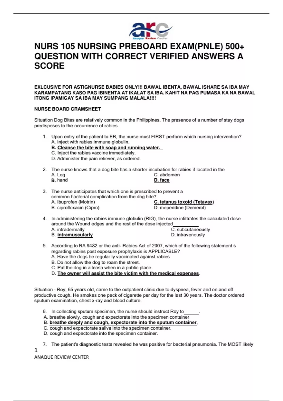 NURS 105 NURSING PREBOARD EXAM(PNLE) 500+ QUESTION WITH CORRECT VERIFIED ANSWERS A SCORE ...