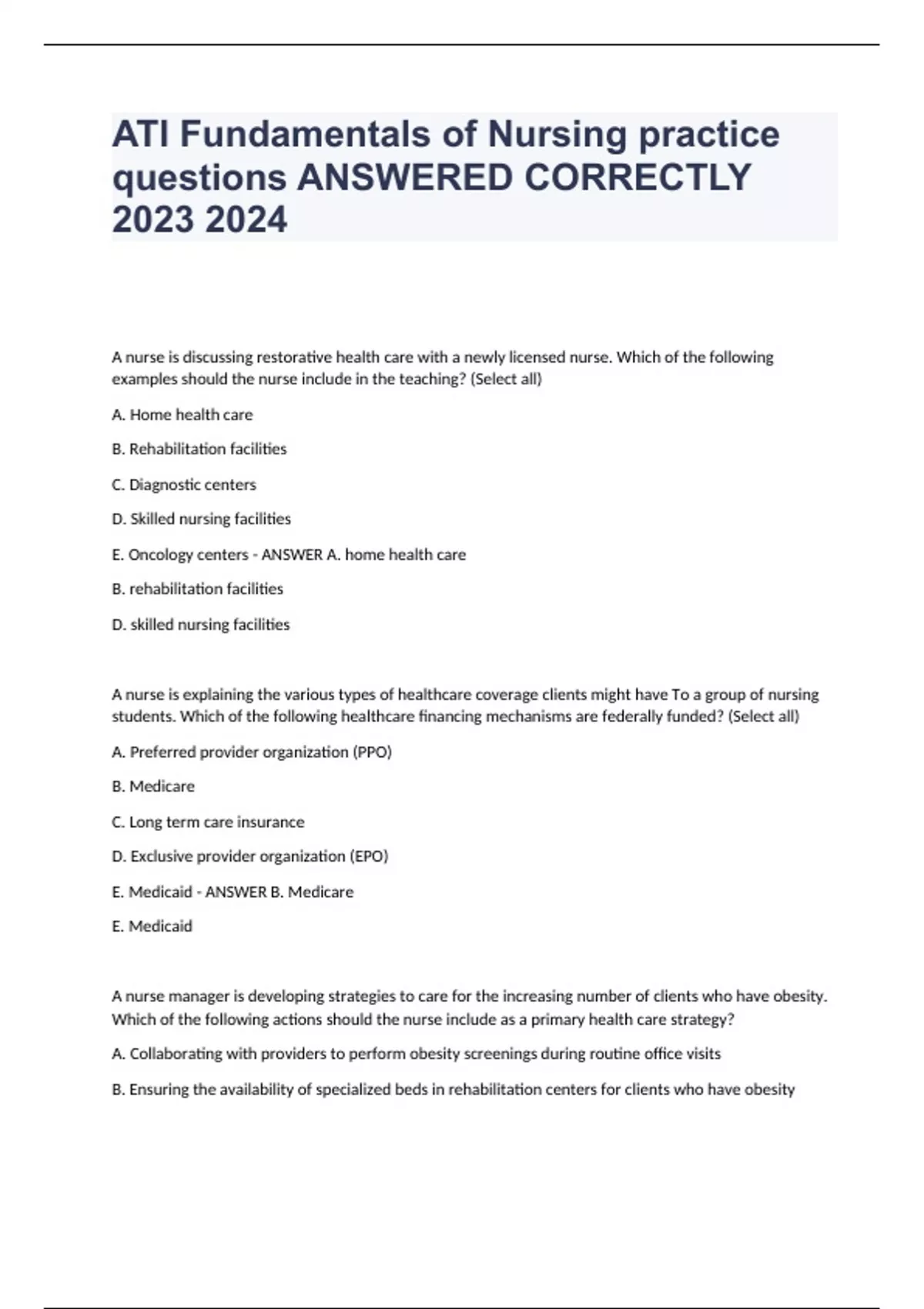 ATI Fundamentals of Nursing practice questions ANSWERED CORRECTLY 2023 ...