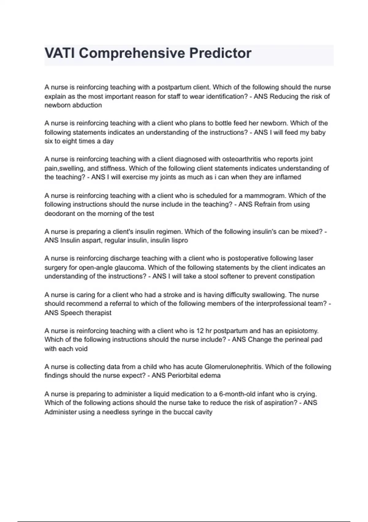 VATI Comprehensive Predictor Exam 2024 Questions & Completed Solutions ...